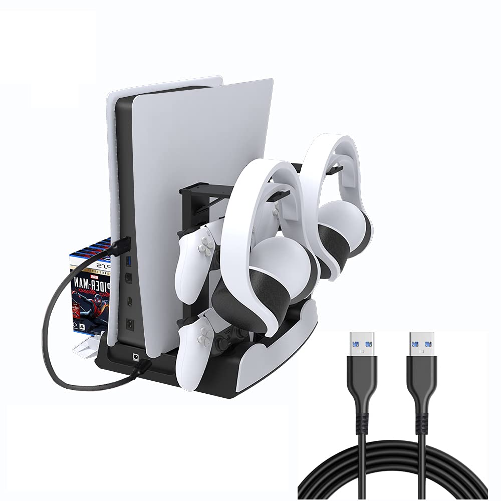 EJGAME Vertical Stand Dual Charging Station with Suction Cooling Fan Compatible with PS5 Console and PS5 Digital Edition, Built-in Headset Holder,Media Remote Stand and13 Game Rack Organizer