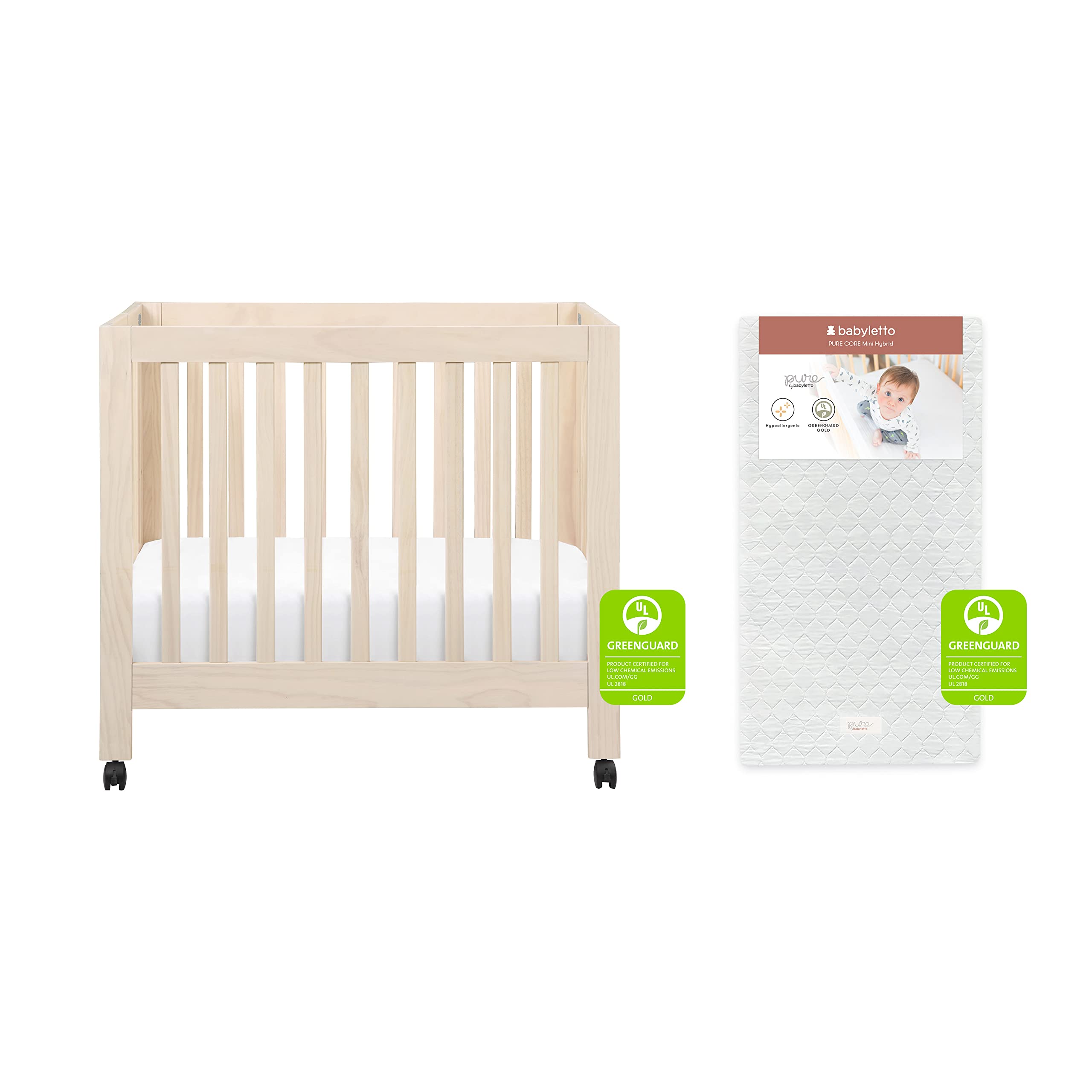Origami Mini Crib with Pure Core Non-Toxic Mini Crib Mattress with Hybrid Waterproof Cover