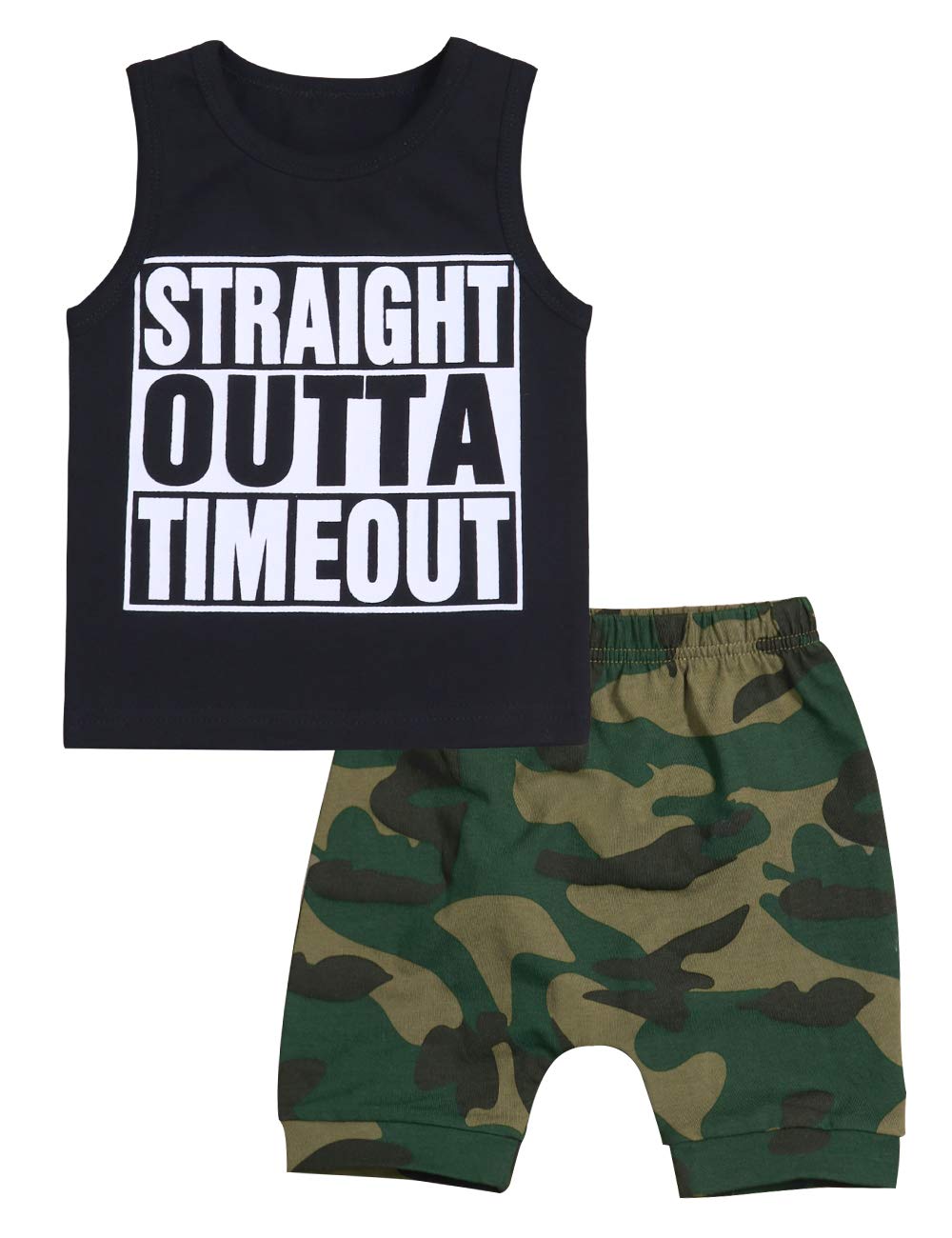waliwali Toddler Infant Baby Boy Clothes Straight Outta Timeout Vest +Camouflage Shorts Outfit Set(18-24Months(100))