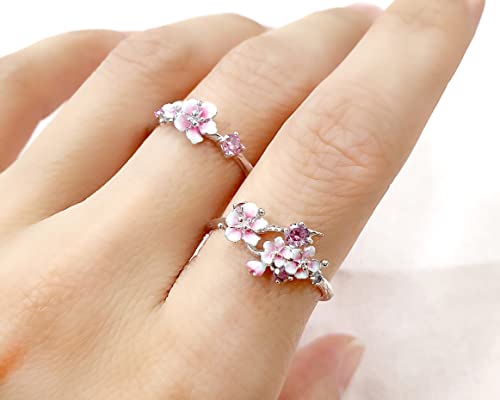 Anthia Jewelry 925 Sterling Silver Enamel Wild Flower Cubic Zirconia Statement Ring (Silver & Pink, 9)