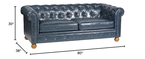 Armen Living Winston Sofa in Blue Bonded Leather and Walnut Wood Finish Wood