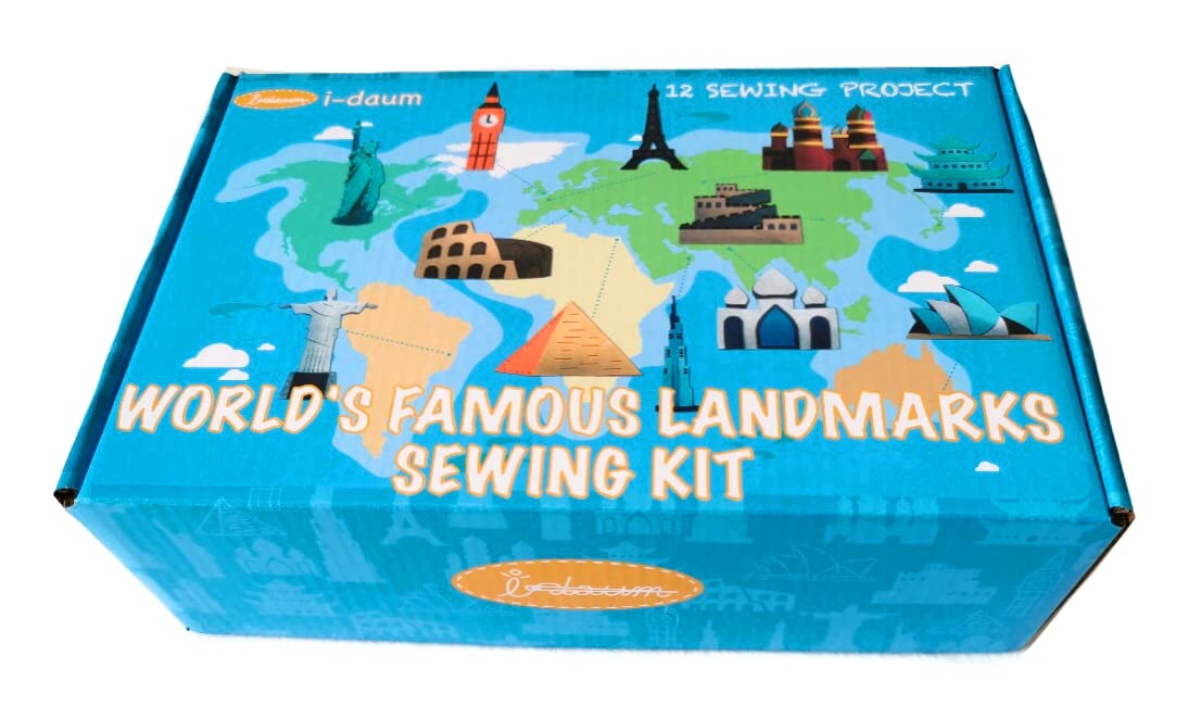i-daum Sewing Kit for Kids - Worldwide Landmarks Craft kit w. World map, Information Cards, Educational Arts & Crafts Gift for Boys and Girls Ages 8-12, DIY Kid Felt Sewing Project Includes 37 Items