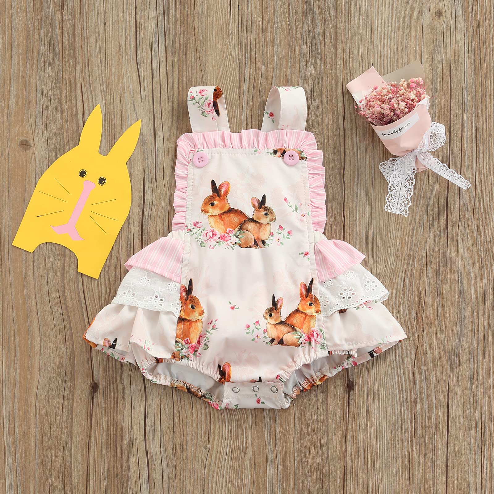 BOIBOKOKO Infant Baby Girl Easter Outfits Sleeveless Bunny Floral Print Romper Ruffle Halter Jumpsuit Bodysuit Easter Clothing (1#Beige, 0-6 Months)