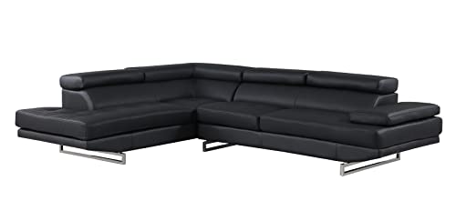 BlackJack Furniture Union Modern Faux Leather Sofa with Adjustable Headrests, Chaise, Elegant Tufted Seat, High-Density Foam and Stainless Steel Legs, Left Facing Sectional, Black