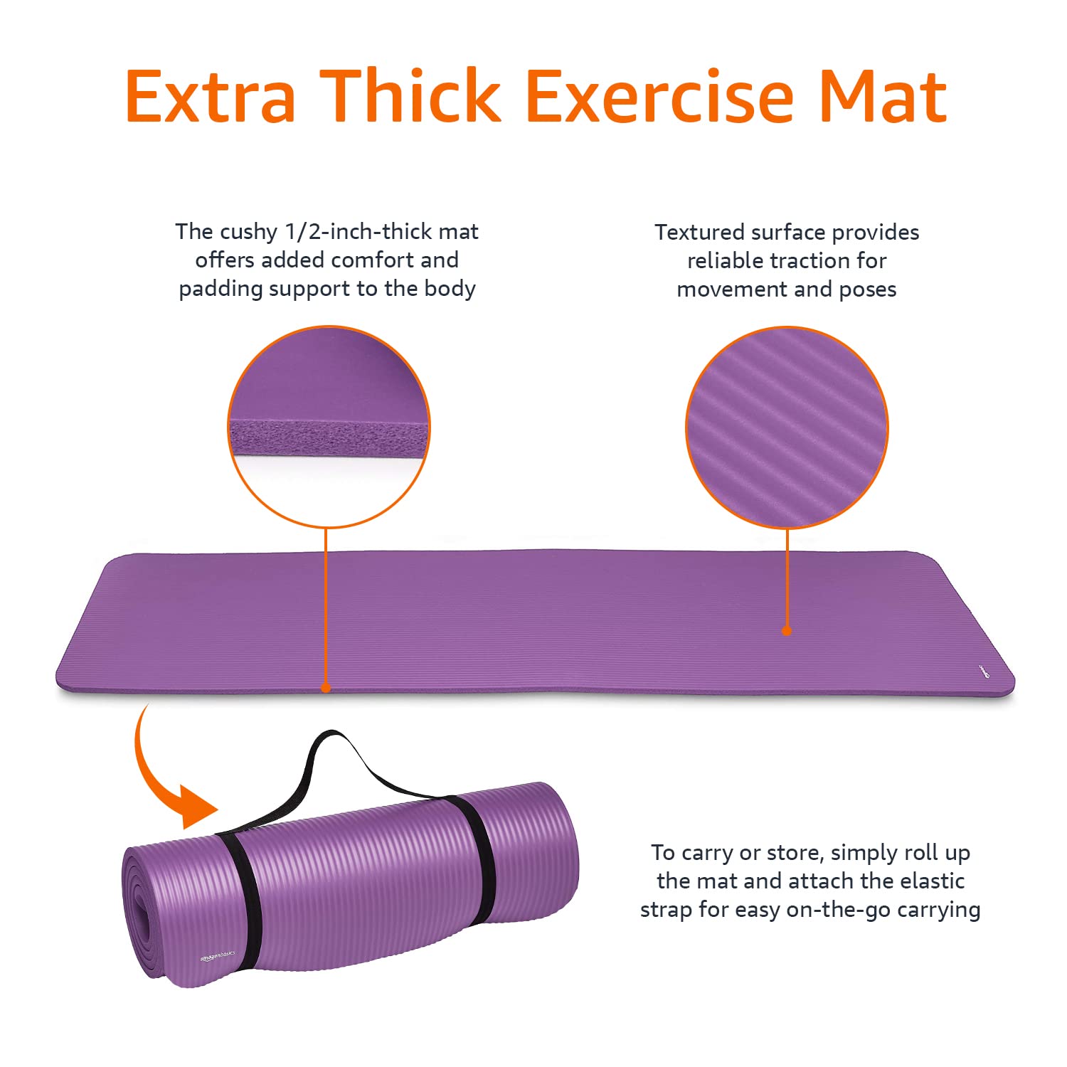 Amazon Basics Extra Thick Exercise Yoga Gym Floor Mat with Carrying Strap - 74 x 24 x .5 Inches, Purple & Neoprene Hexagon Workout Dumbbell Hand Weight, 3-Pound, Purple - Set of 2