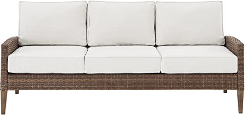 Crosley Furniture Capella Wicker Outdoor Sofa, 3-Person Patio Couch for Porch, Deck, Backyard, Brown with Creme Cushions