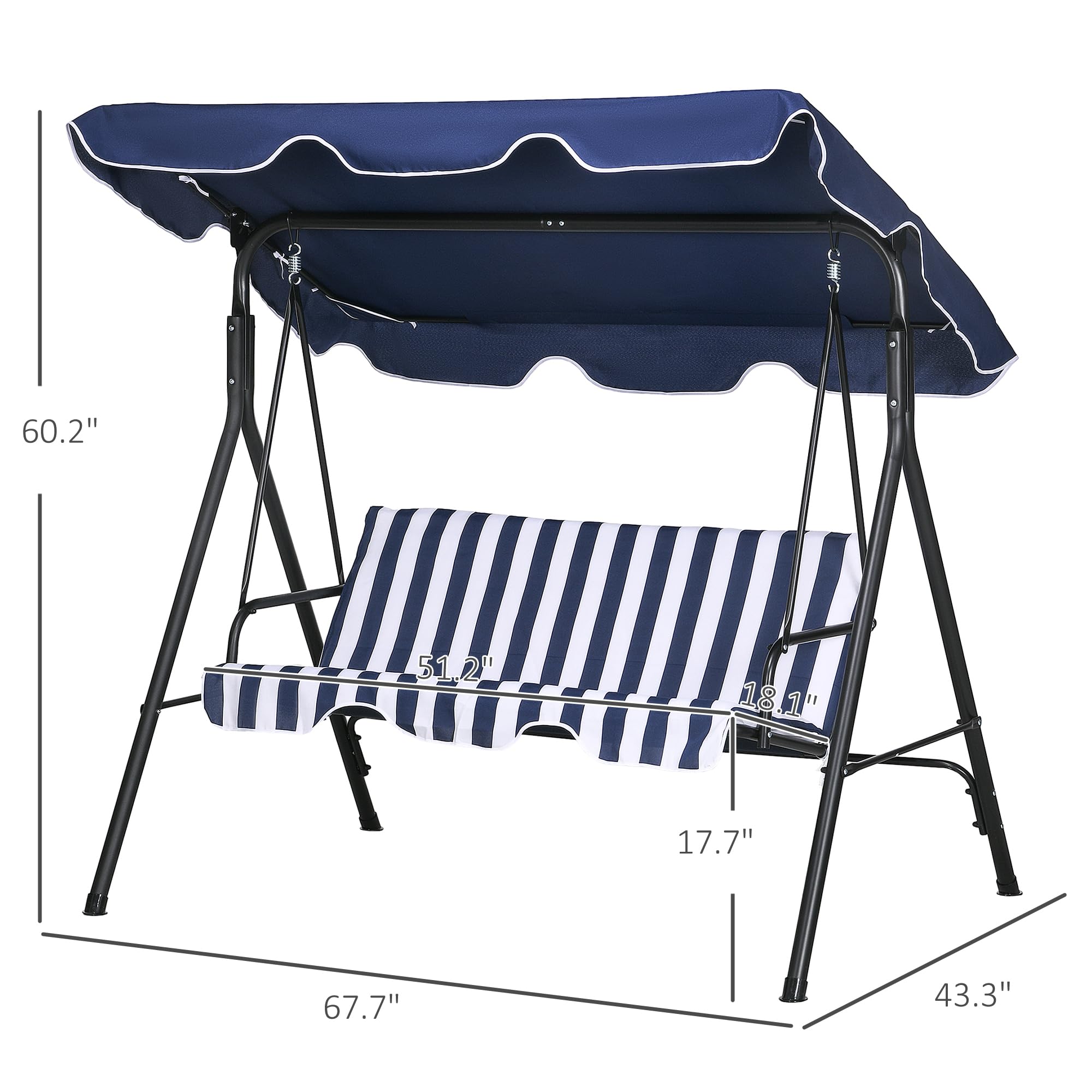 Outsunny 3-Seat Outdoor Patio Swing Chair with Removable Cushion, Steel Frame Stand and Adjustable Tilt Canopy for Patio, Garden, Poolside, Balcony, Backyard, Dark Blue
