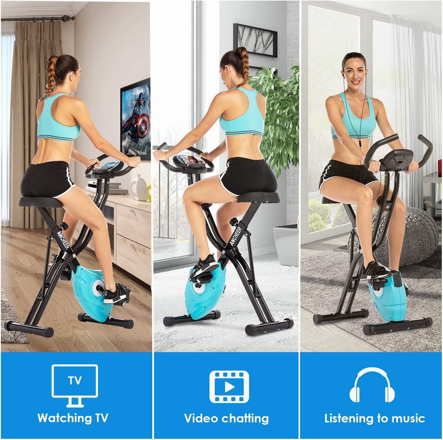ANCHEER Magnetic Resistance Exercise Bike, Folding Indoor Upright Bike with App Program, Compact Recumbent Total Body Workout Bike with Tablet Stand & Large and Comfortable Seat