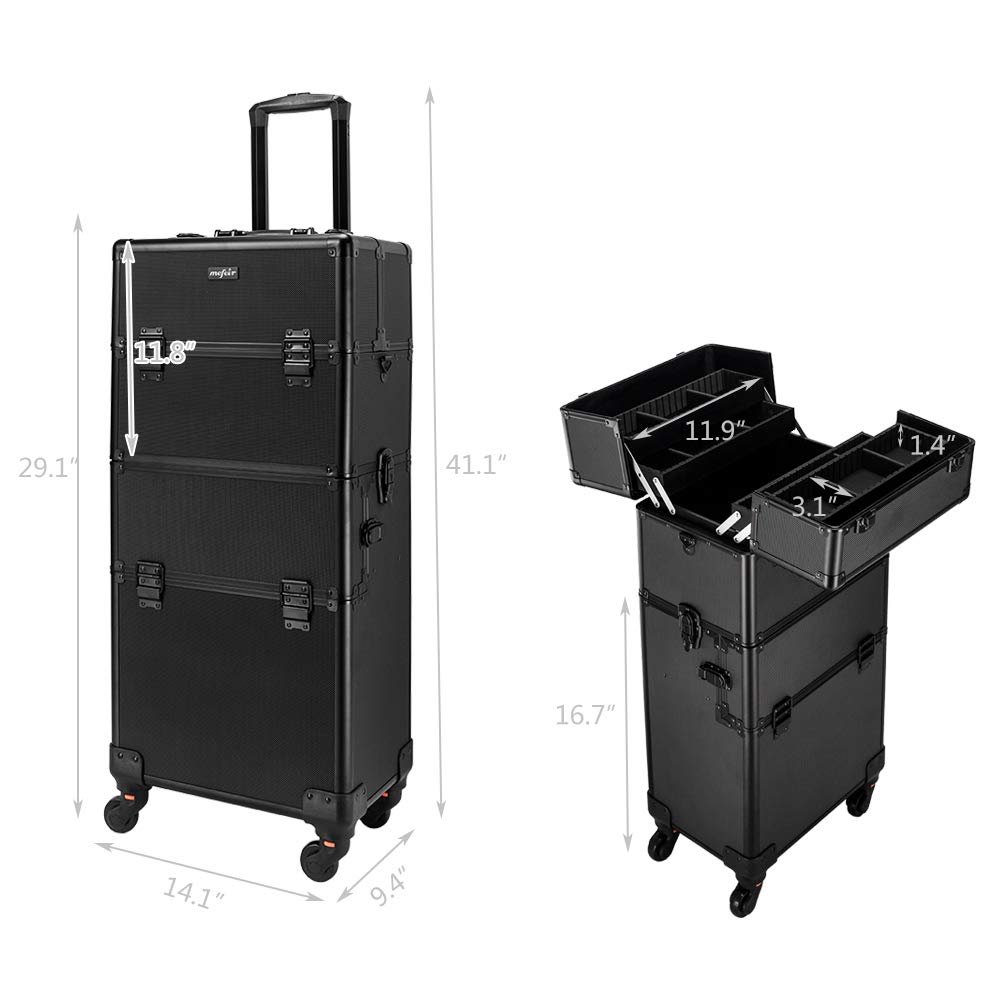 mefeir 2 in 1 Rolling Makeup Train Case, Travel Makeup Organizer Cosmetic Display Case, Aluminum Cosmetology Supply Suitcase on Wheels, Beauty Storage Luggage Lockable w/4 Removable Wheels (Black)