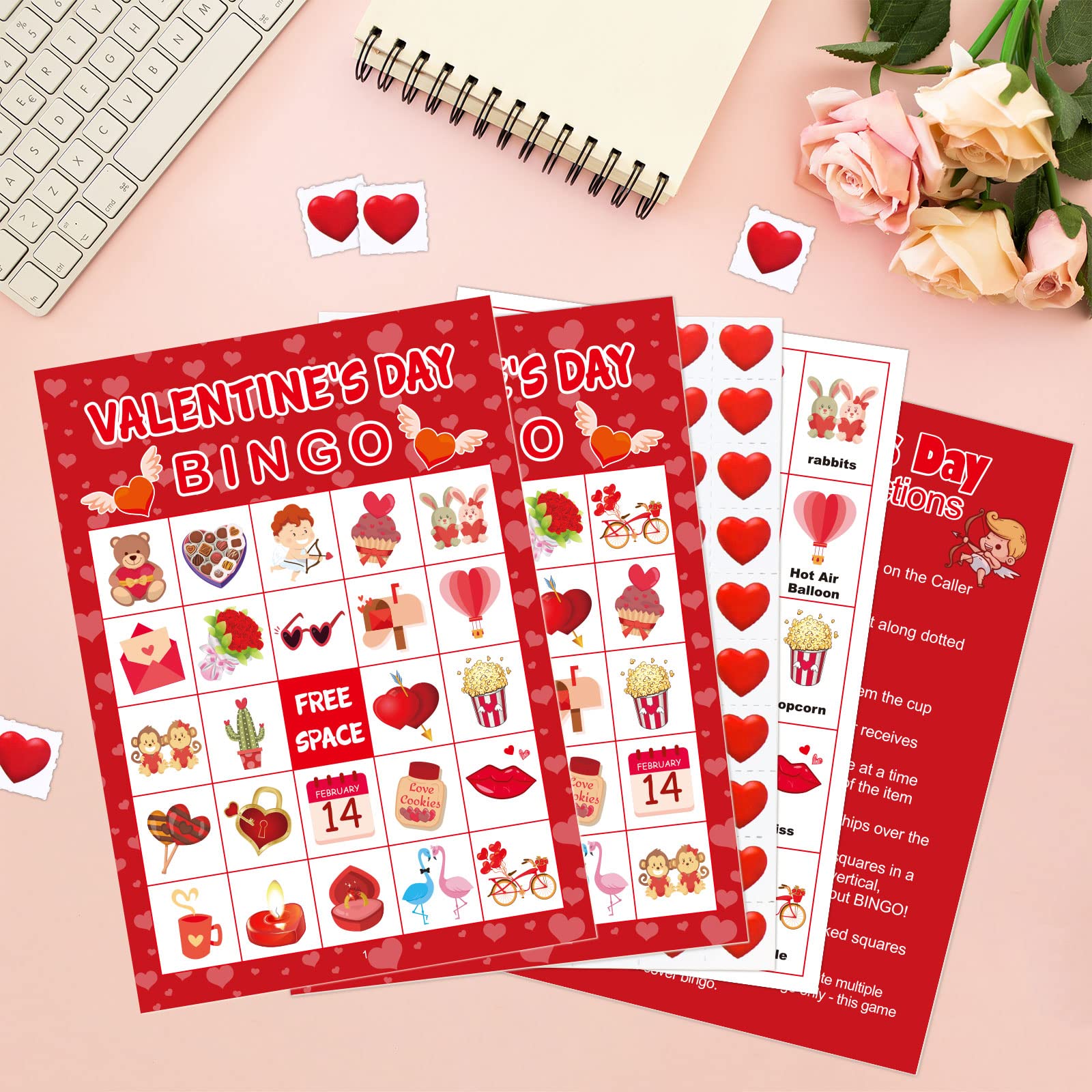 TENDFINE 24 Players Valentine’s Day Bingo Cards - Valentines Bingo Game for Valentine Party School Classroom Family Activities