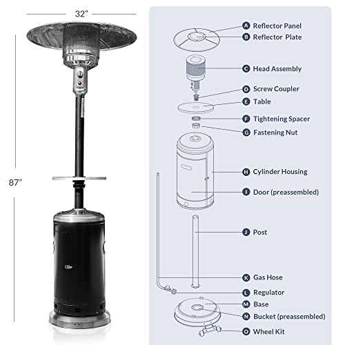 BELLEZE 48,000 BTU Propane Patio Heater Outdoor, CSA Certified Patio Heater with Drink Shelf Table, Auto Shut Off Valve, Piezo Ignition System, Wheels for Portable Mobility - Black Stainless Steel