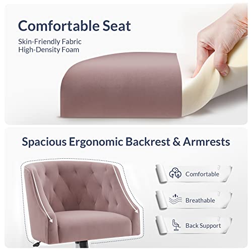 BELLEZE Modern Home Office Chair, Rolling Swivel Desk Chair, Upholstered Velvet Accent Chair, Stylish Comfy Vanity Chair, Adjustable Height - Braelynn (Pink)