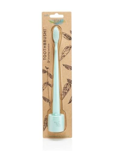 The Natural Family Co. Bio Toothbrush and Stand, Soft Nylon Bristles with Non GMO Cornstarch Handles, Plastic Free Packaging and Rivermint