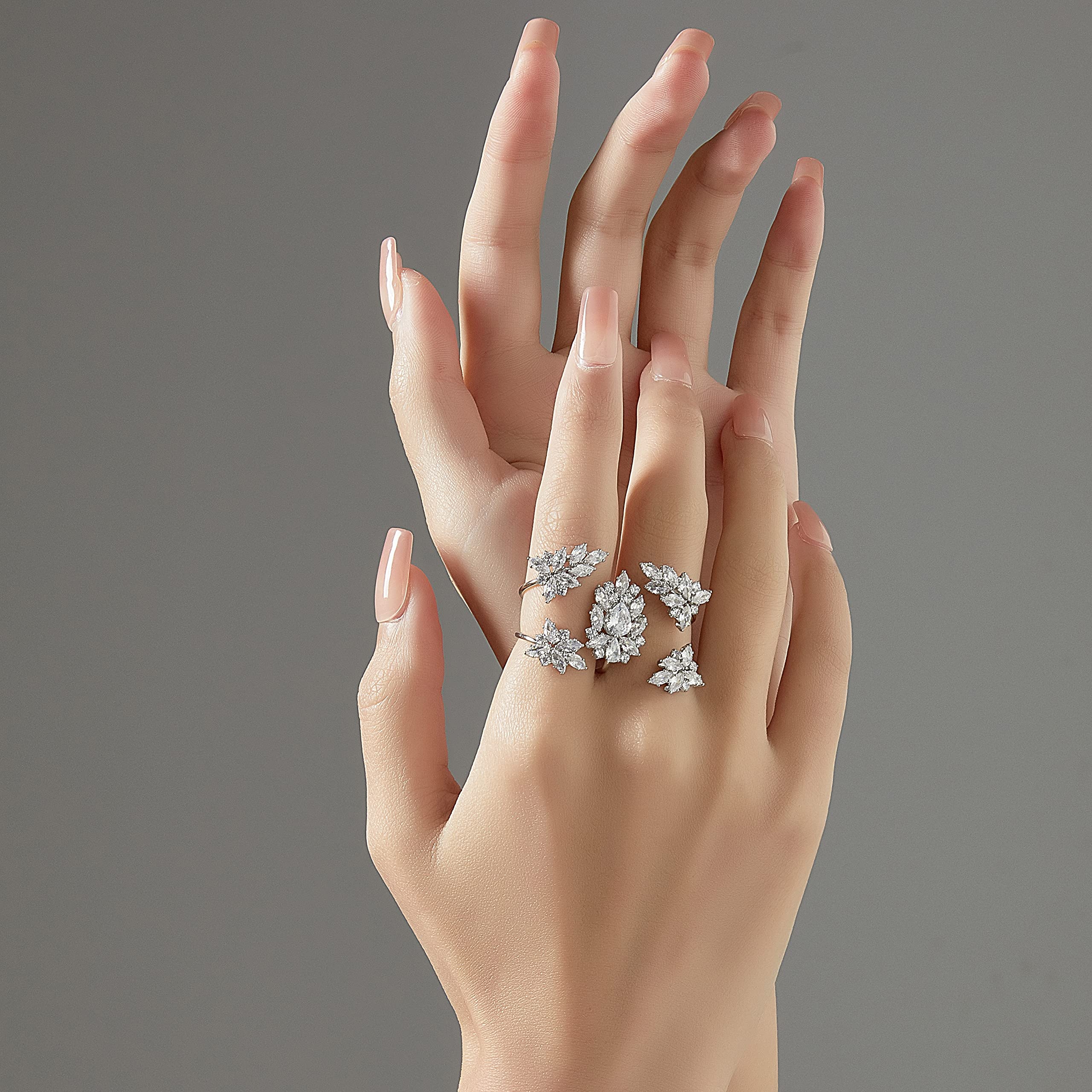 Aprilery Three-Finger Statement Ring Palm for Women, Fashion CZ Crystal Adjustable Rings Cocktail Open Multiple Ring Leaf Wedding Party Prom Accessory Jewelry Gifts for Her (Style 4)