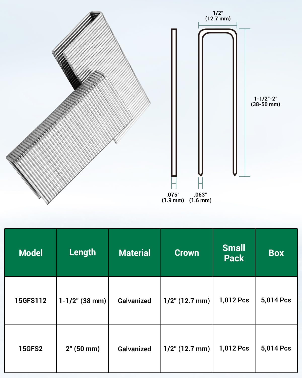 meite 15.5 Gauge Flooring Staples, 2-Inch Length 1/2-Inch Crown Hradwood Floor Staples Collated Galvanized Flooring Staples (1,012 Counts)