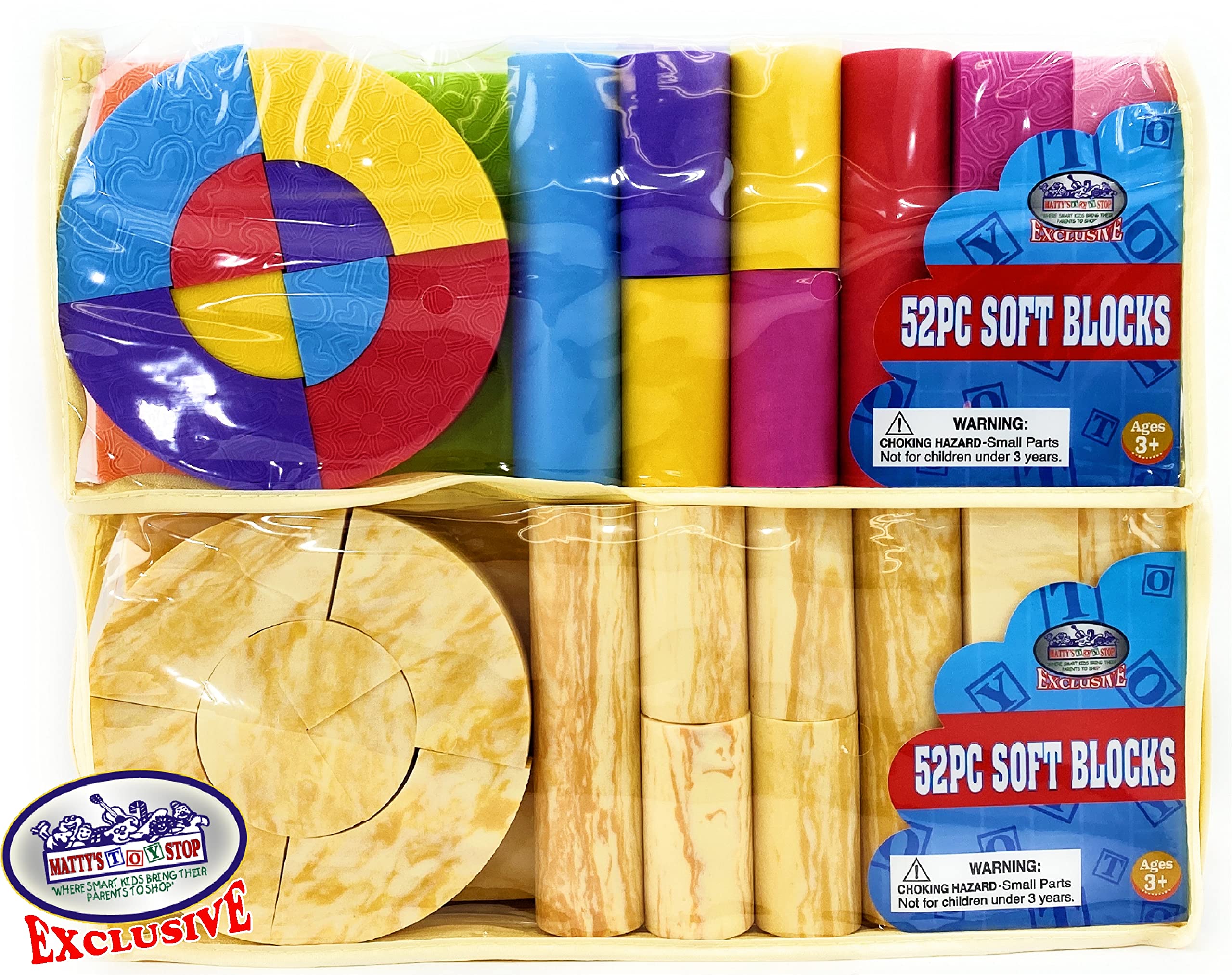Matty's Toy Stop Deluxe EVA Soft Foam Colorful Building Blocks (52 PCS) & Wood Grain Soft Building Blocks (52 PCS) Gift Set Bundle with Carry Cases - 2 Pack (104 PCS Total)