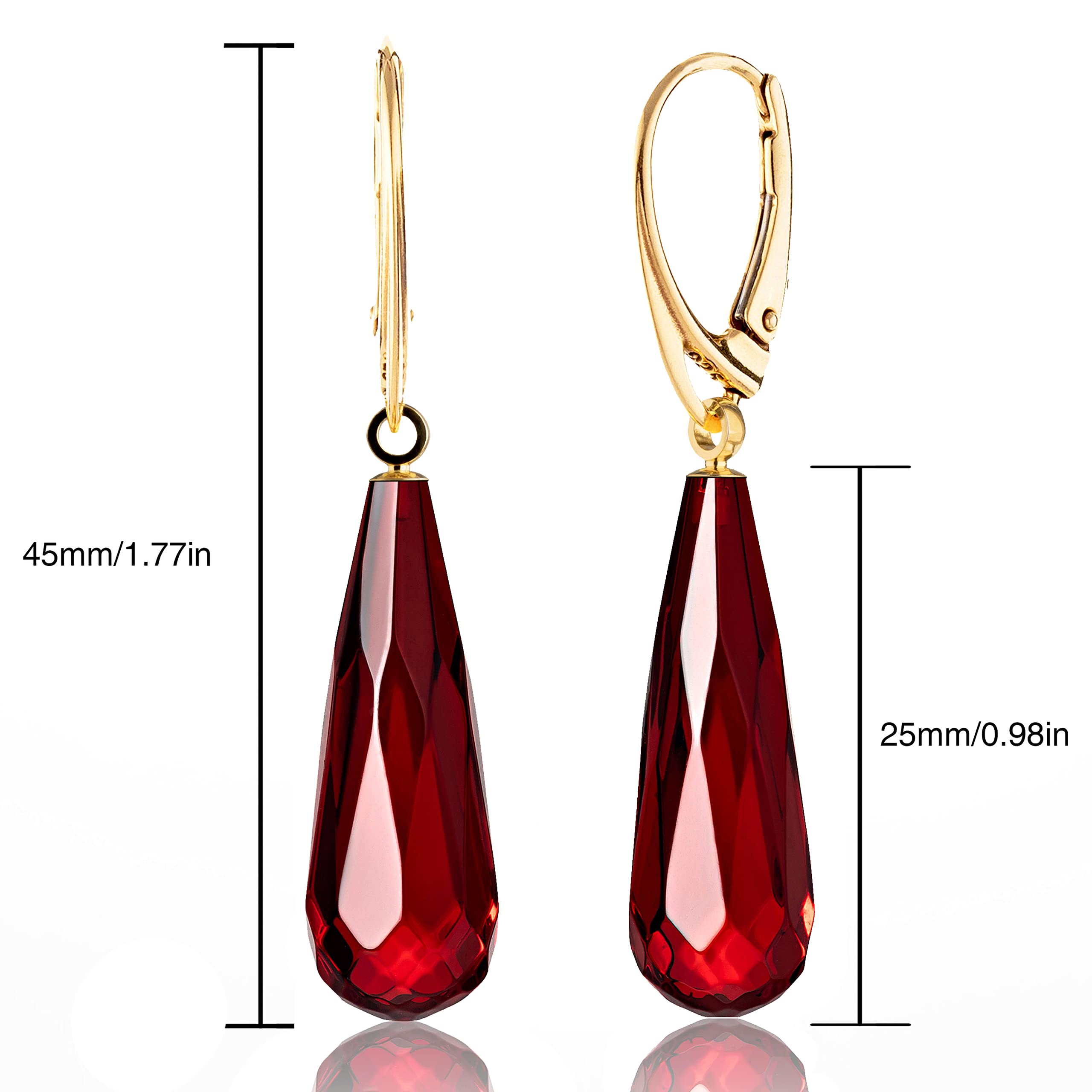 Amber by Mazukna - Red Amber Drop Earrings for Women - Statement Gemstone Jewelry, Gold Plated Sterling Silver Leverback, Dangle Semi Precious Stone Ladies Earrings, Elegant Gift for Her