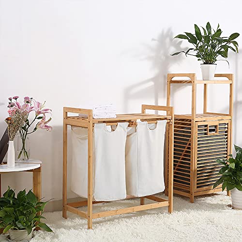 Bellglee Laundry Hamper with Shelf, 2 Sections Wooden Laundry Basket with Sliding Removable Bags, Bamboo Wood Laundry Organizer with Double Compartments, Laundry Sorter with Handles