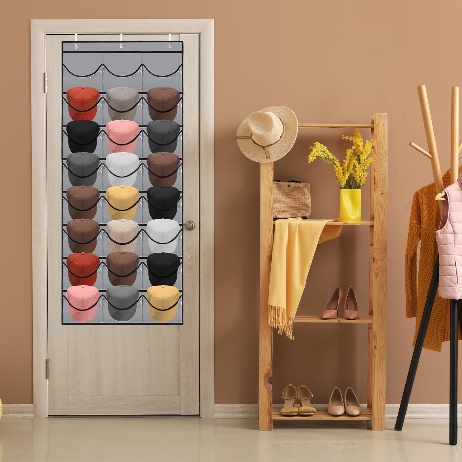 BiCINE Baseball Hat Rack, 24 Pocket Over The Door Cap Organizer with 3 Hooks, Cap Hat Holder Hanger For Closet With Large Clear Pockets, Hat Storage to Protect and Display, Black - 1 Pack