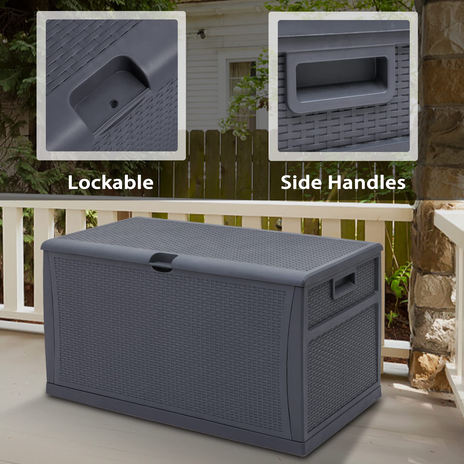 Cemeon 120 Gallon Outdoor Large Deck Storage Box, Resin Wicker Patio Storage Container for Patio Cushions, Gardening Tools and Toys (Dark Gray)