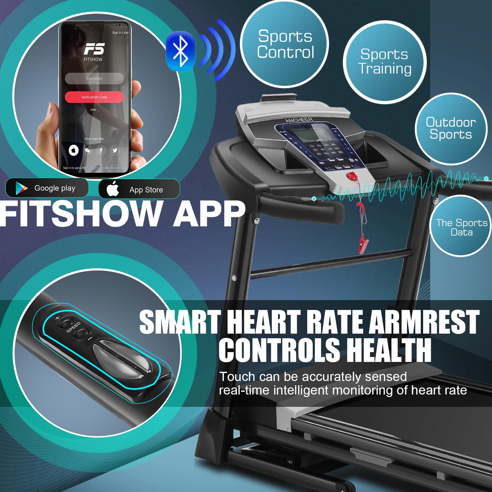 ANCHEER 3.25HP Treadmill,APP Treadmill 300lb Capacity,Folding Treadmills with 15% Auto Incline,Electric Smart Control Running Machines with Bluetooth Speaker,LCD Dispaly,Foldable Treadmill for Home