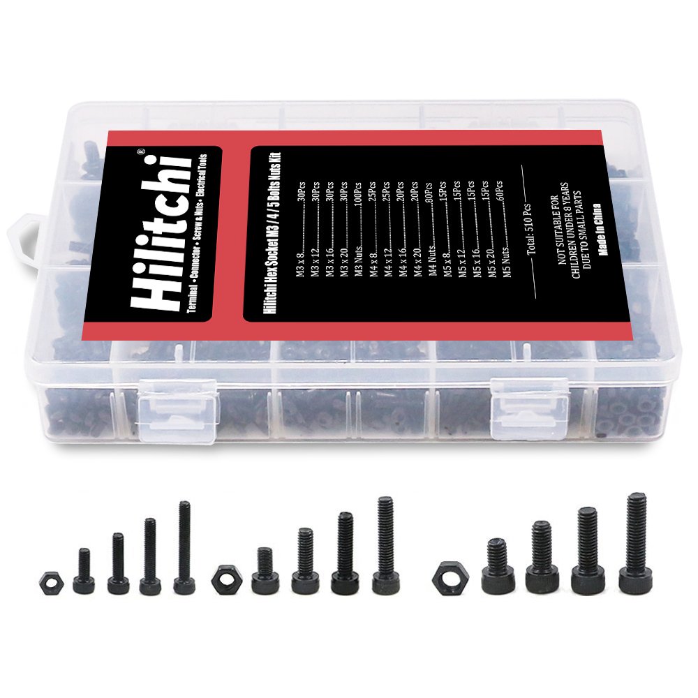 Hilitchi 510-Pcs M3 M4 M5 Alloy Steel Socket Cap Screws Hex Head Bolt Nuts Assortment Kit - 12.9 Grade Alloy Steel (Hex Socket)