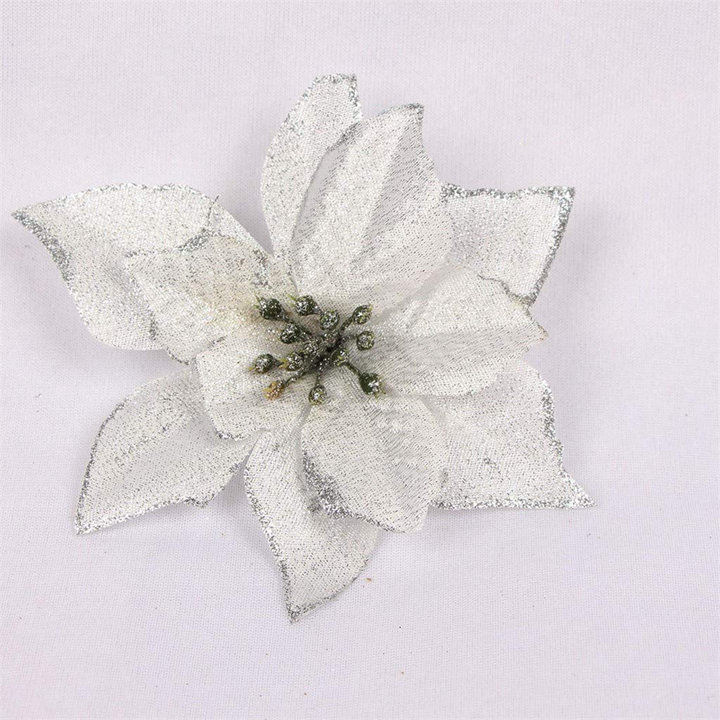 Christmas Glitter Flower Ornaments,Jchen 16Pcs Glitter Bling Christmas Tree Ornaments Artificial Christmas Flowers Christmas Tree Decoration Flower for Christmas Home Party Wedding Decor (Silver)