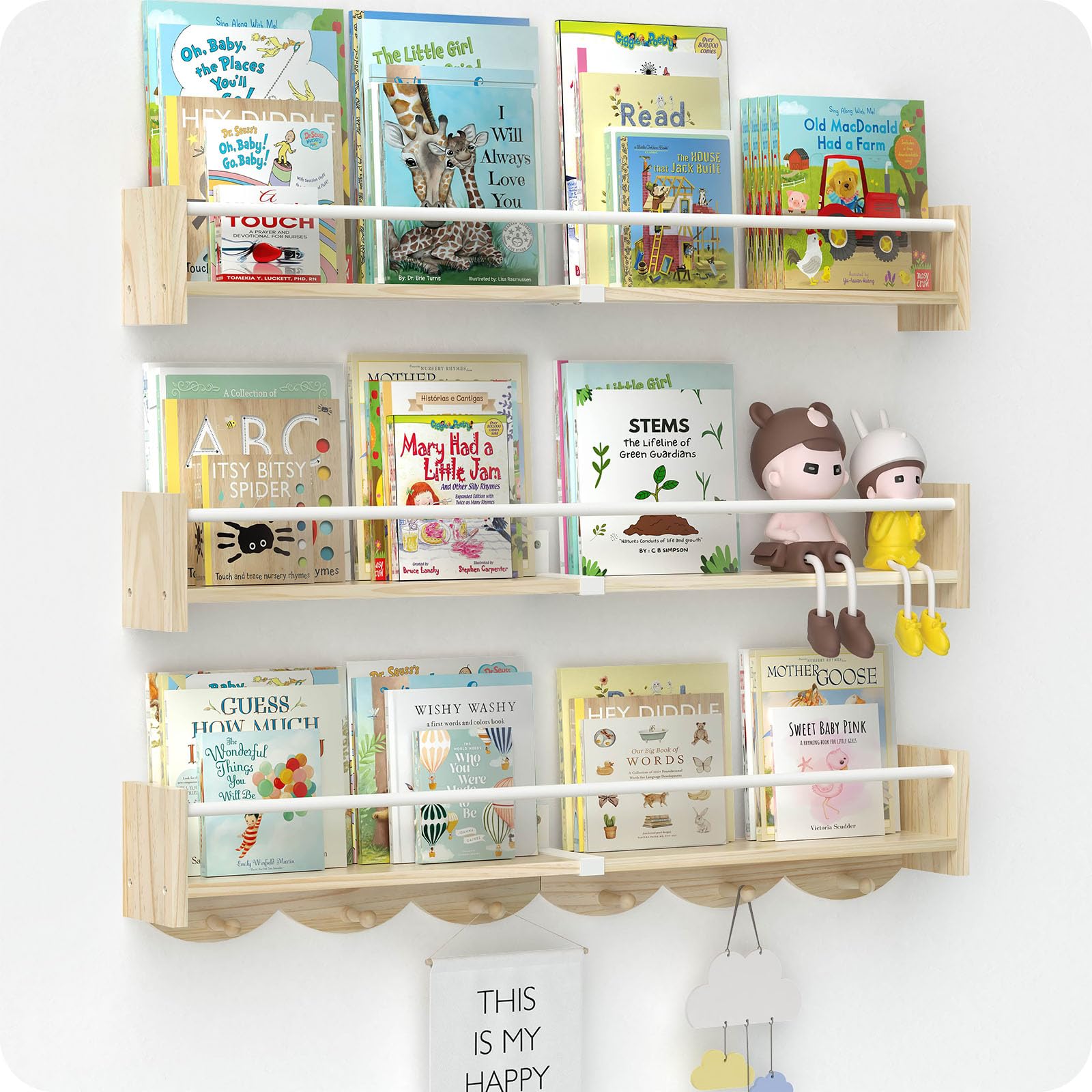 Bidami Book Shelf for Kids Rooms, Floating Book Shelves for Wall, 34 inch Nursery Book Shelves Set of 3 Great for Living Room, Kids Room,Bedroom.