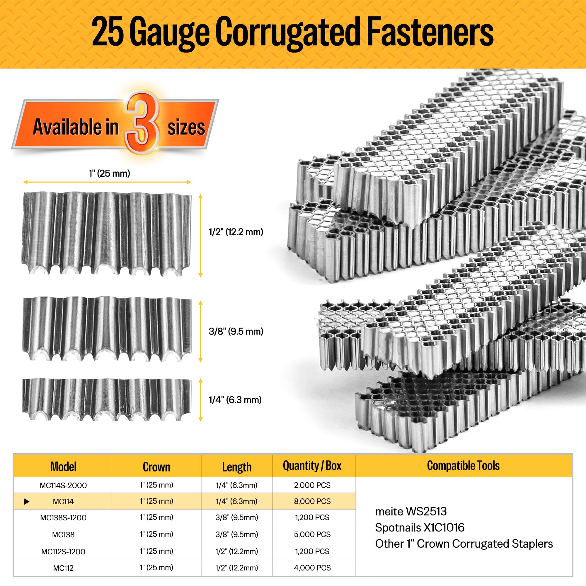meite Corrugated Fasteners MC114 25 Gauge 1-Inch Crown 1/4-Inch Length Corrugated W Fastener Staples 8,000 PCS/Case (1 Case Pack)