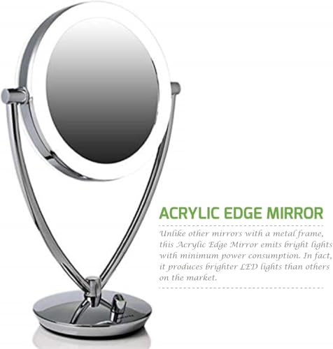Ovente 8" Lighted Tabletop Makeup Mirror with 1X/10X Magnification, Double-Sided Magnifying Vanity Mirror, Dimmable LED Lights, 360° Swivel Design and Dual Power Supply, Polished Chrome MLT75CH1X10X