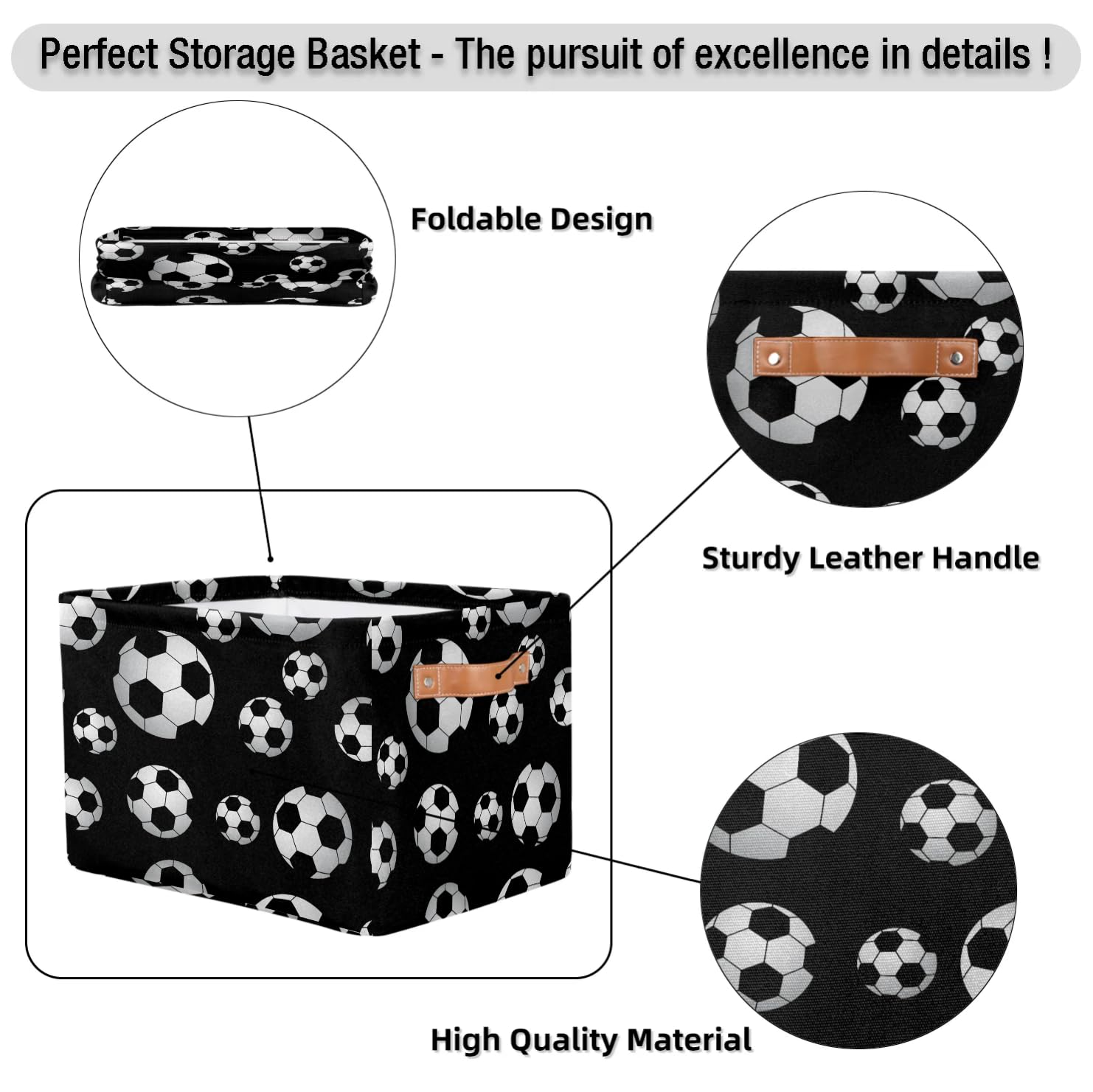 Bardic Soccer Large Foldable Storage Baskets with Handles, Ball Fabric Collapsible Storage Bin Organizer Bag for Girls Storage Toy Home Pet Closets Offices Bedrooms