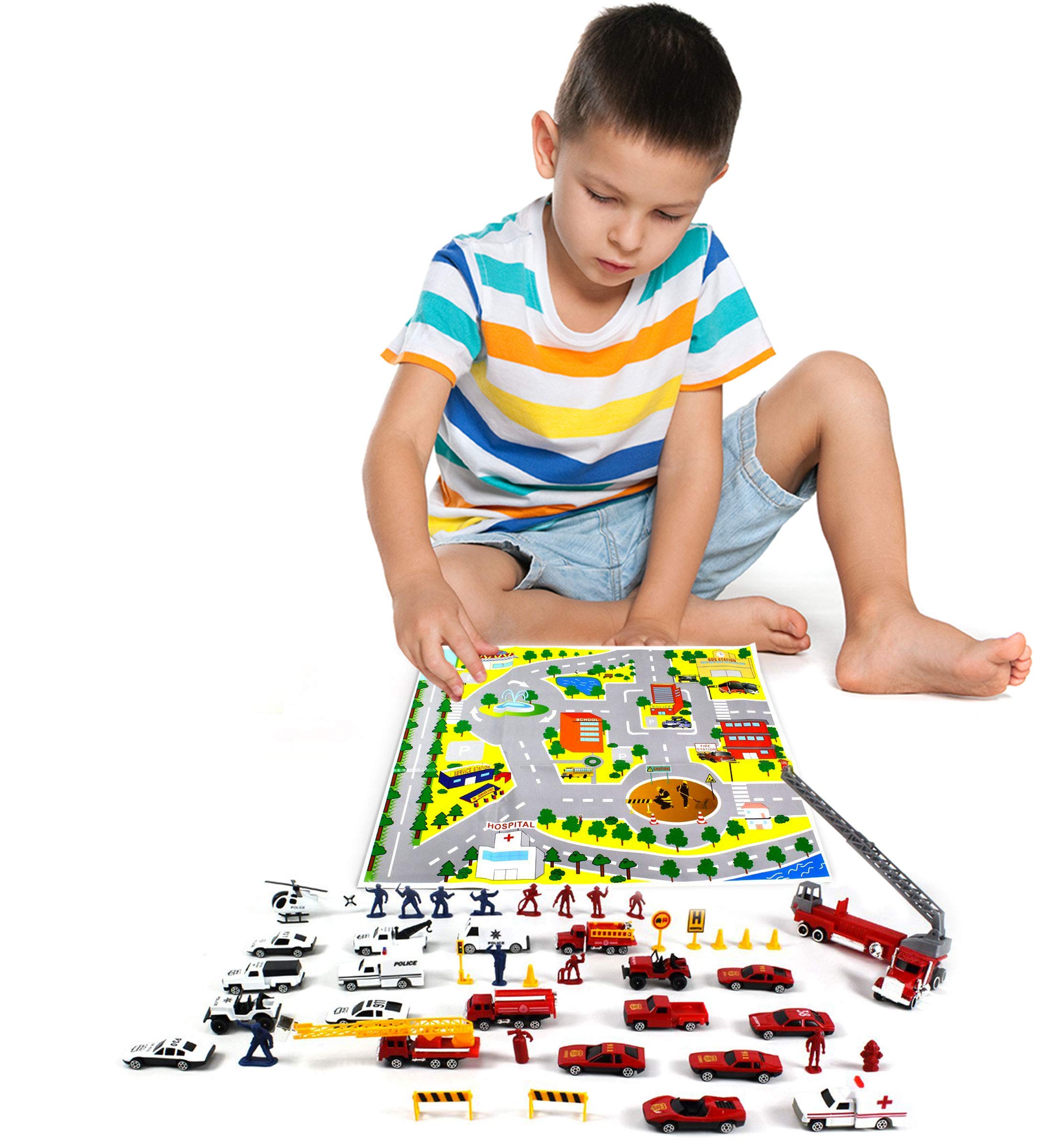 Diecast Police and Rescue Emergency Crew With Play Mat, 46 Pcs Toy Playset Emergency Vehicle Theme