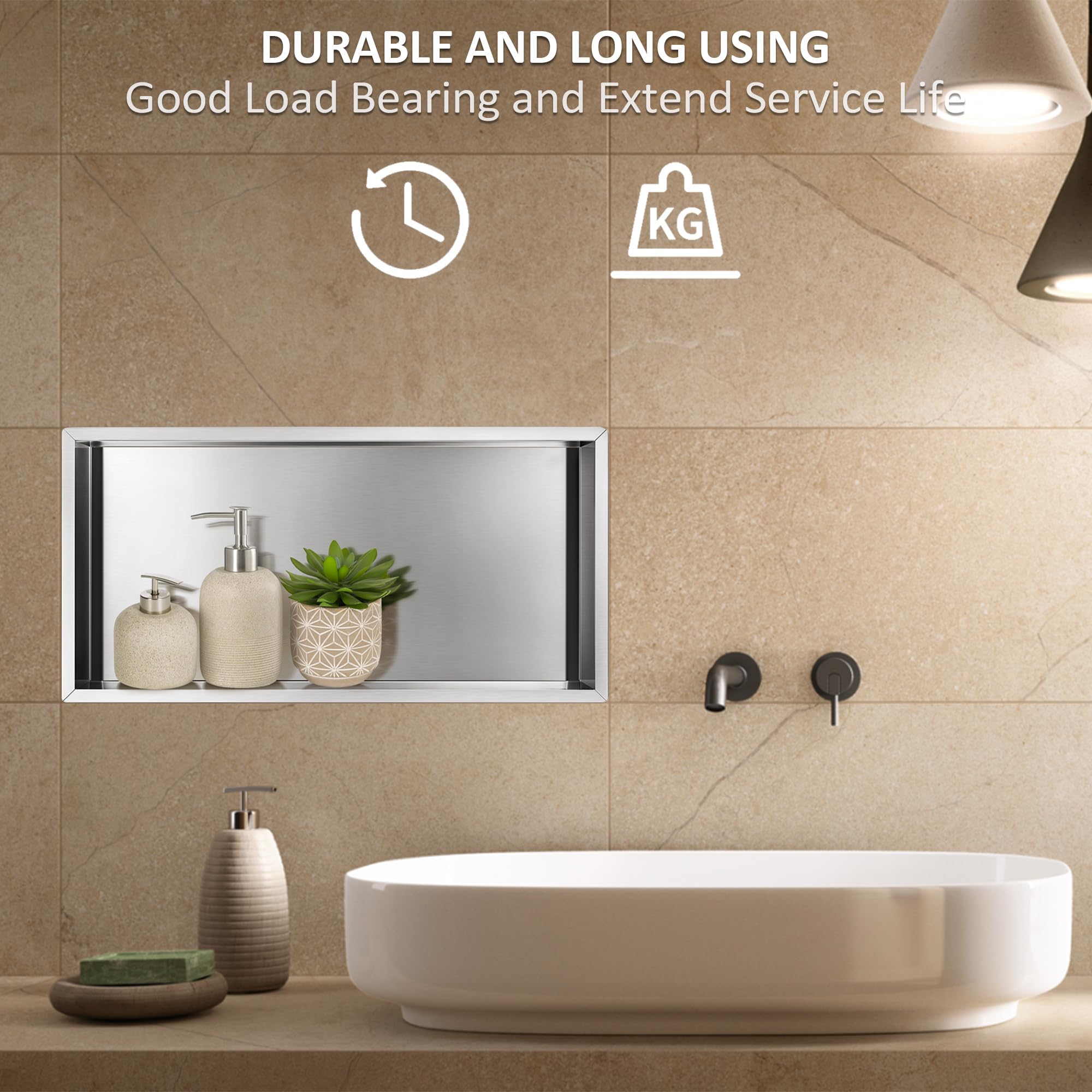 Besino Stainless Steel Shower Niche,24 X 12 Inch, Silver, Shower Niche for Bathroom Storage, No Tile Needed Recessed Shower Shelf