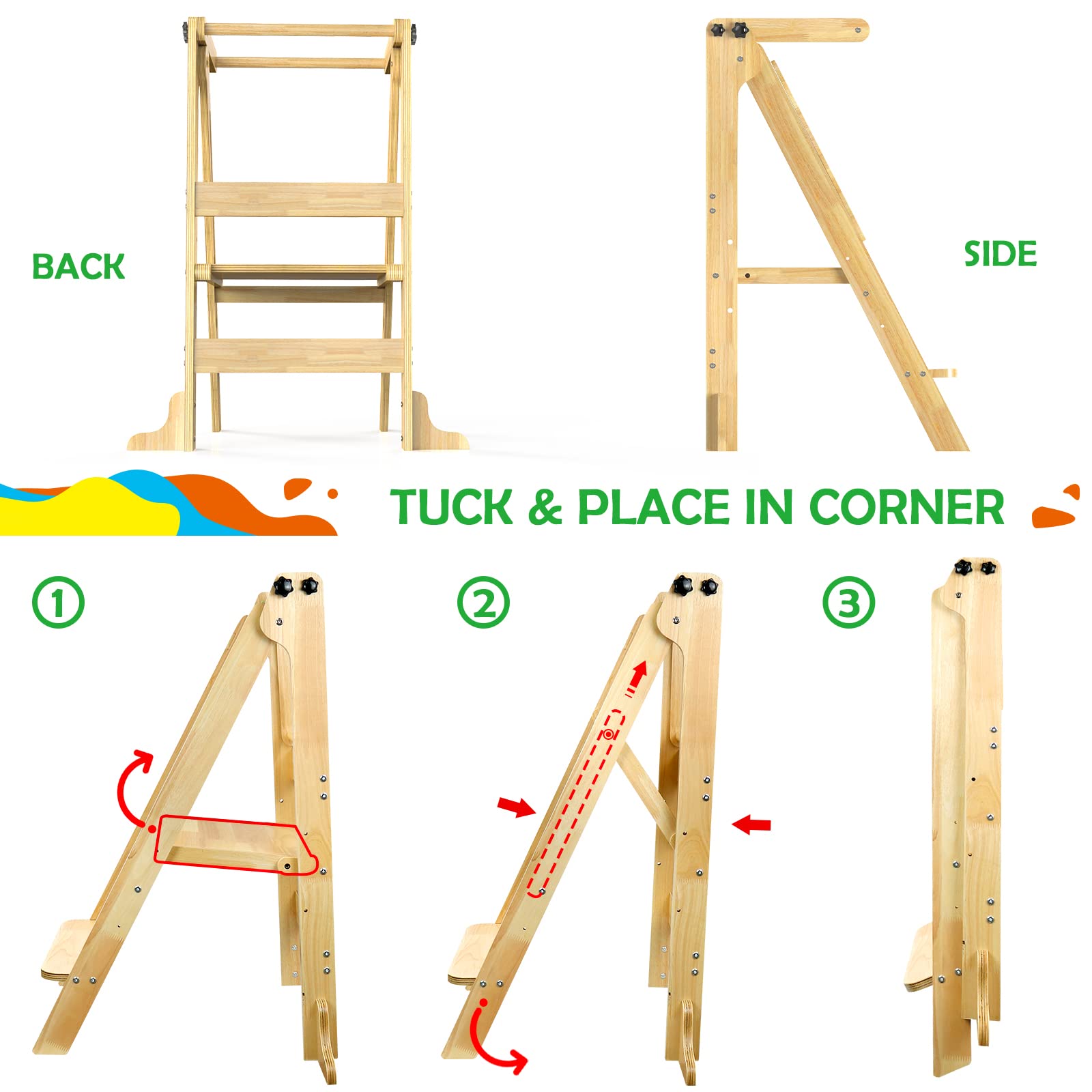Toddler Tower Foldable - Kids Kitchen Step Stool with 3 Adjustable Heights & Safety Rail, Montessori Tower with Chalkboard for Learning, Standing Tower Helper Stool for Kitchen Counter Sink (Natural)