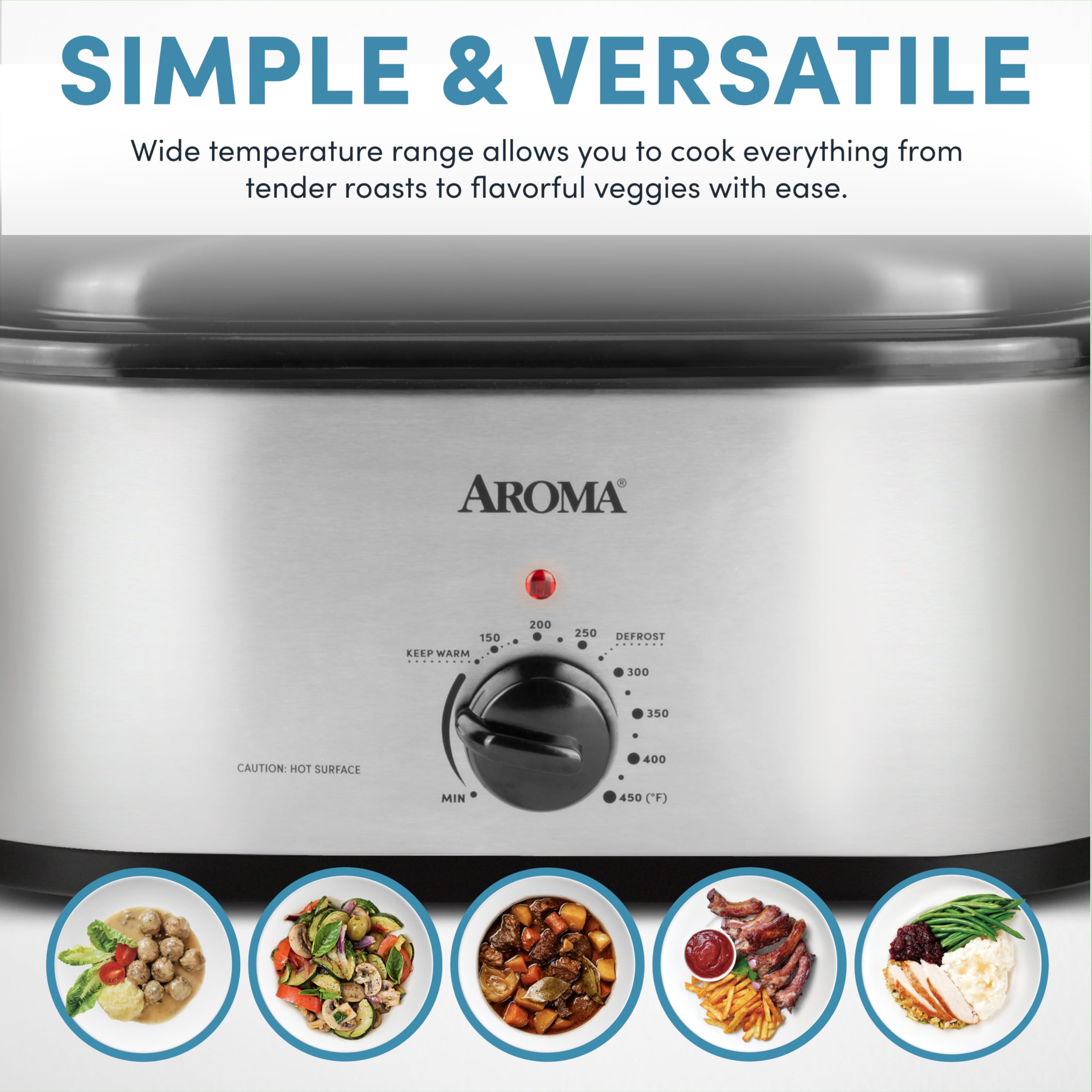 AROMA® 20Qt. Roaster Oven with Self-Basting Lid, Fits 24-lb. Turkey, Adjustable Temperature Settings, Keep Warm Setting, Stainless Steel (ART-720S)