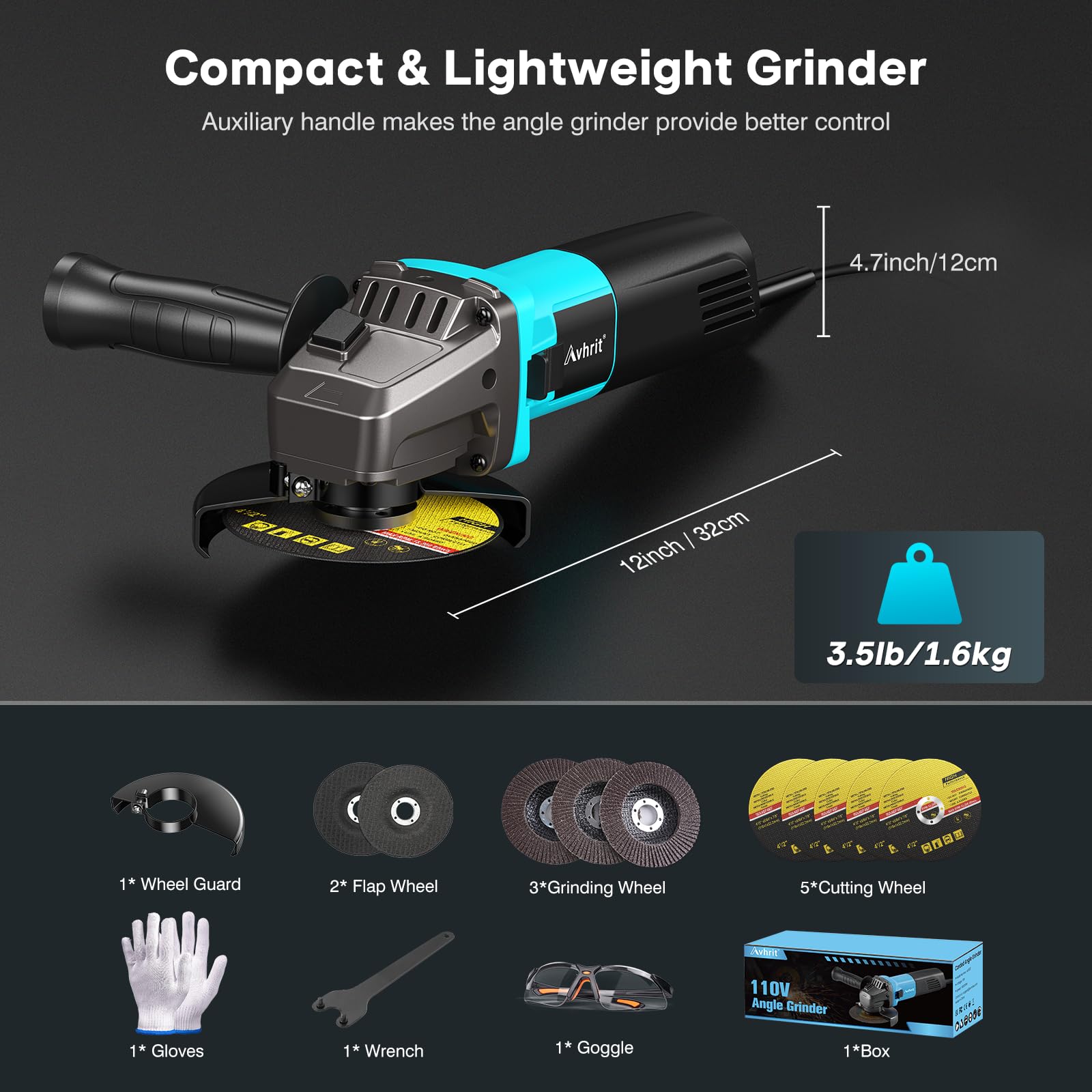 Avhrit Angle Grinder,10 Amp 4-1/2 inch Corded Angle Grinder Tools,11000 RPM Metal Grinder with 5 Cutting/3 Grinding/2 Flap Discs,Small Angle Grinder Tool for Cutting, Grinding, Polishing