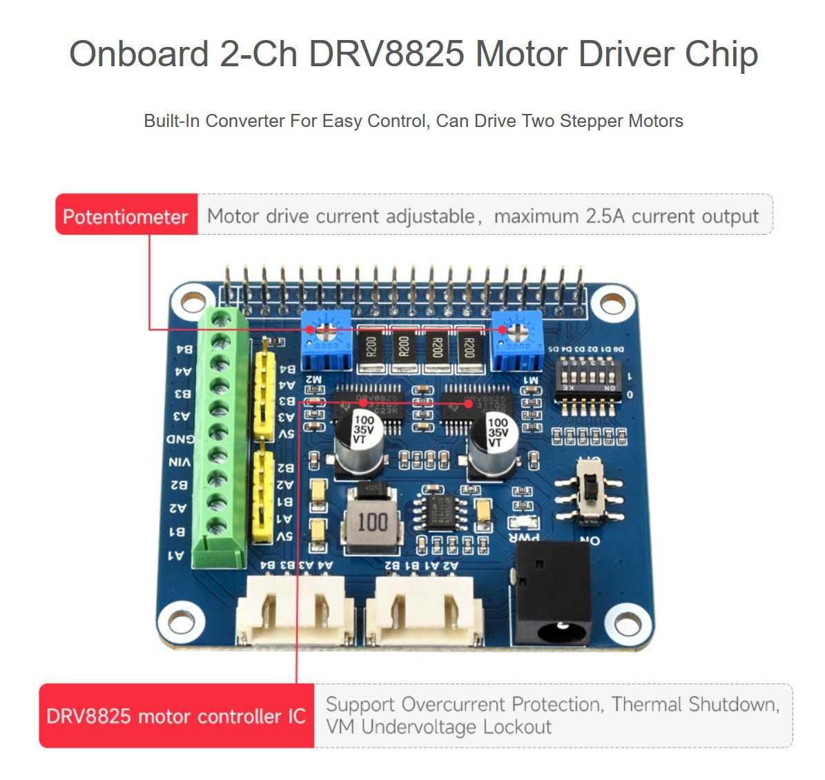 Stepper Motor HAT Drives Two Stepper Motors Up to 1/32 Microstepping for Raspberry Pi Zero/Zero W/Zero WH/2B/3B/3B+/4B/5 for Use 3D Printer etc @XYGStudy
