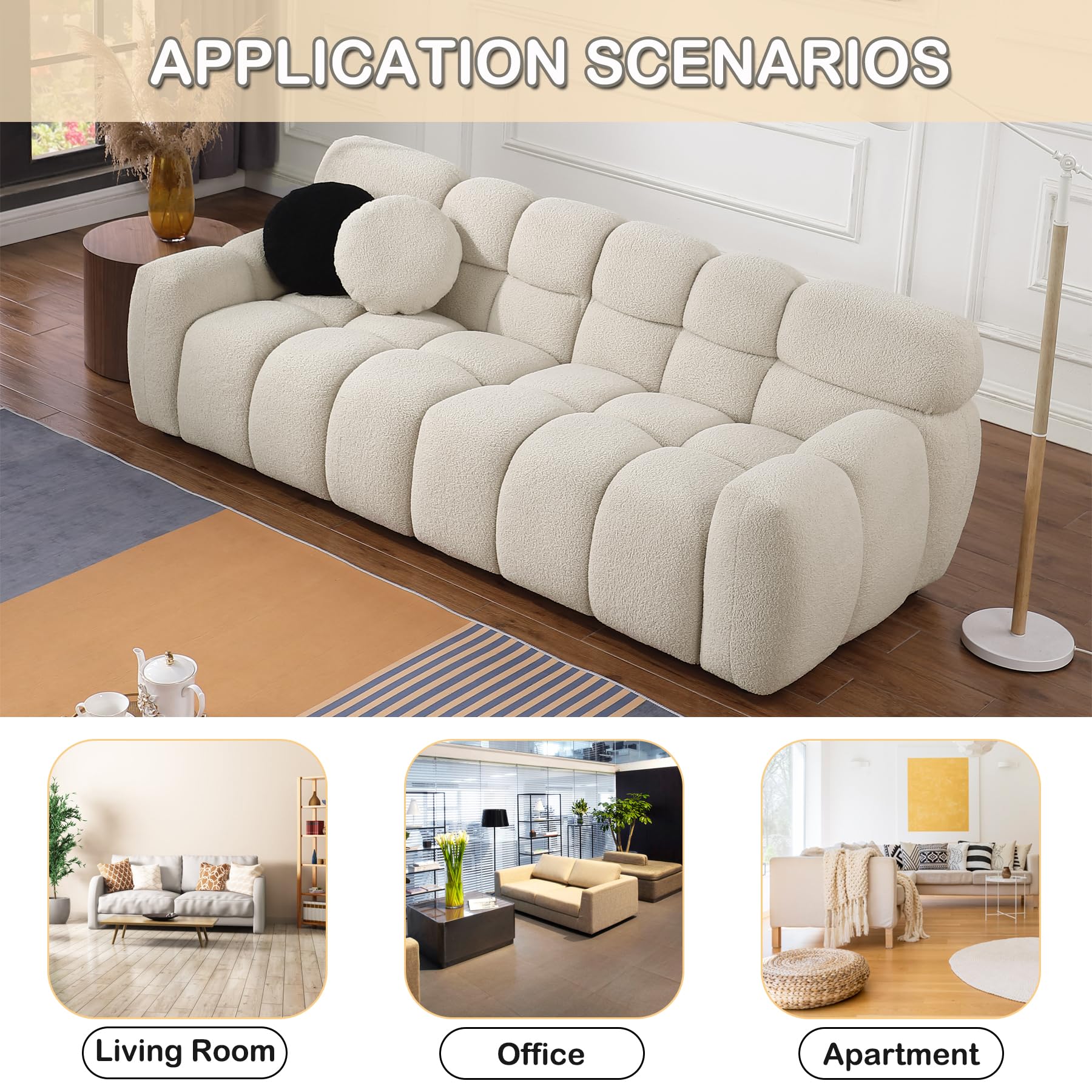 AZSJML 2 Piece Boucle Cloud Sofa Set, Modern Upholstered Sherpa Deep Seat Couch Loveseat, Comfy 3 Seater and 2 Seater Tufted Teddy Couch with Pillows for Living Room, Bedroom Apartment Office, Black