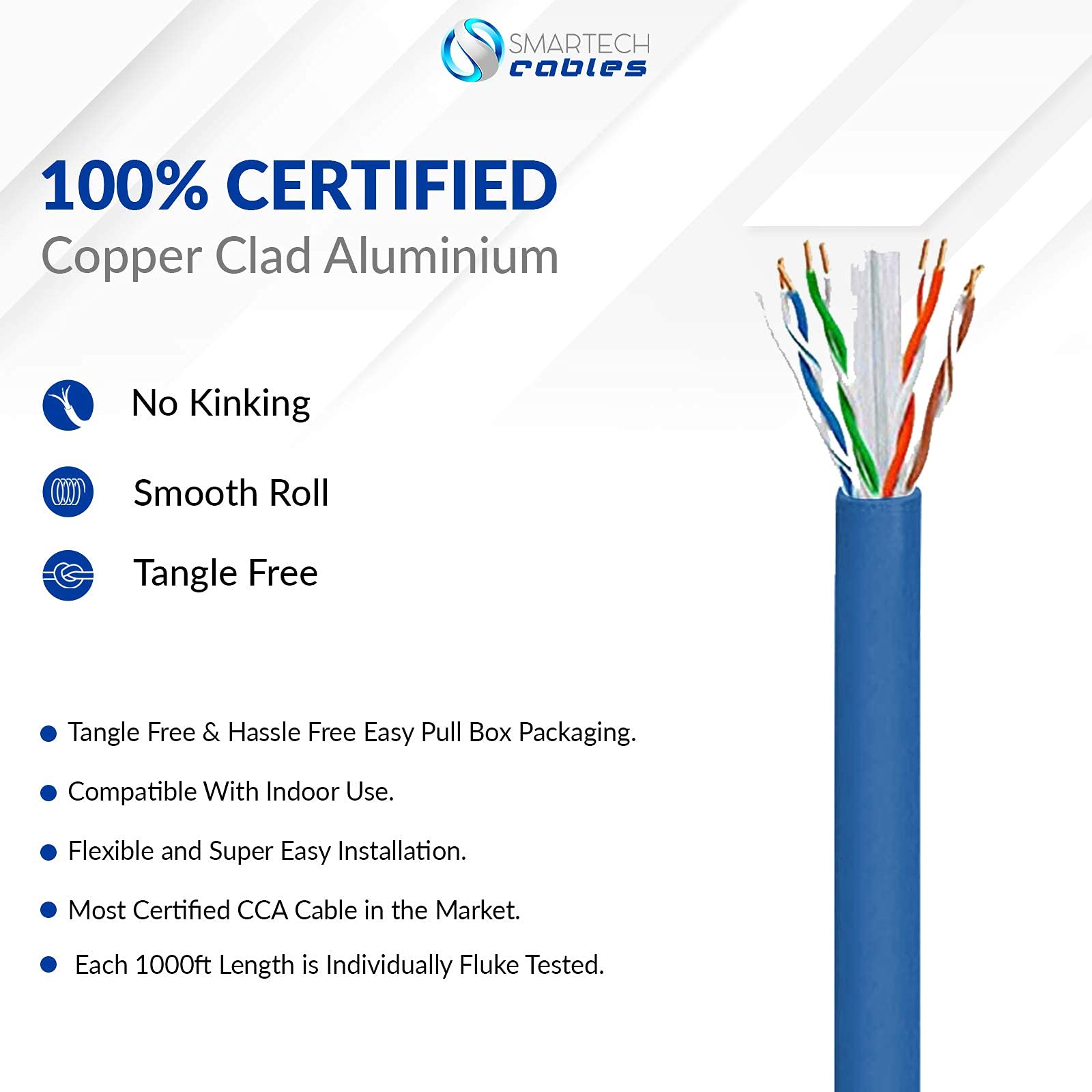 Smartech Cables CAT6 Plenum Cable 1000ft (CMP) | Bulk Ethernet Cable 1000ft | 23 AWG, 550MHz 4Pair UTP 10GB Internet Cable | Quality Tested Ideal for Networking & Stable Performance (Blue)