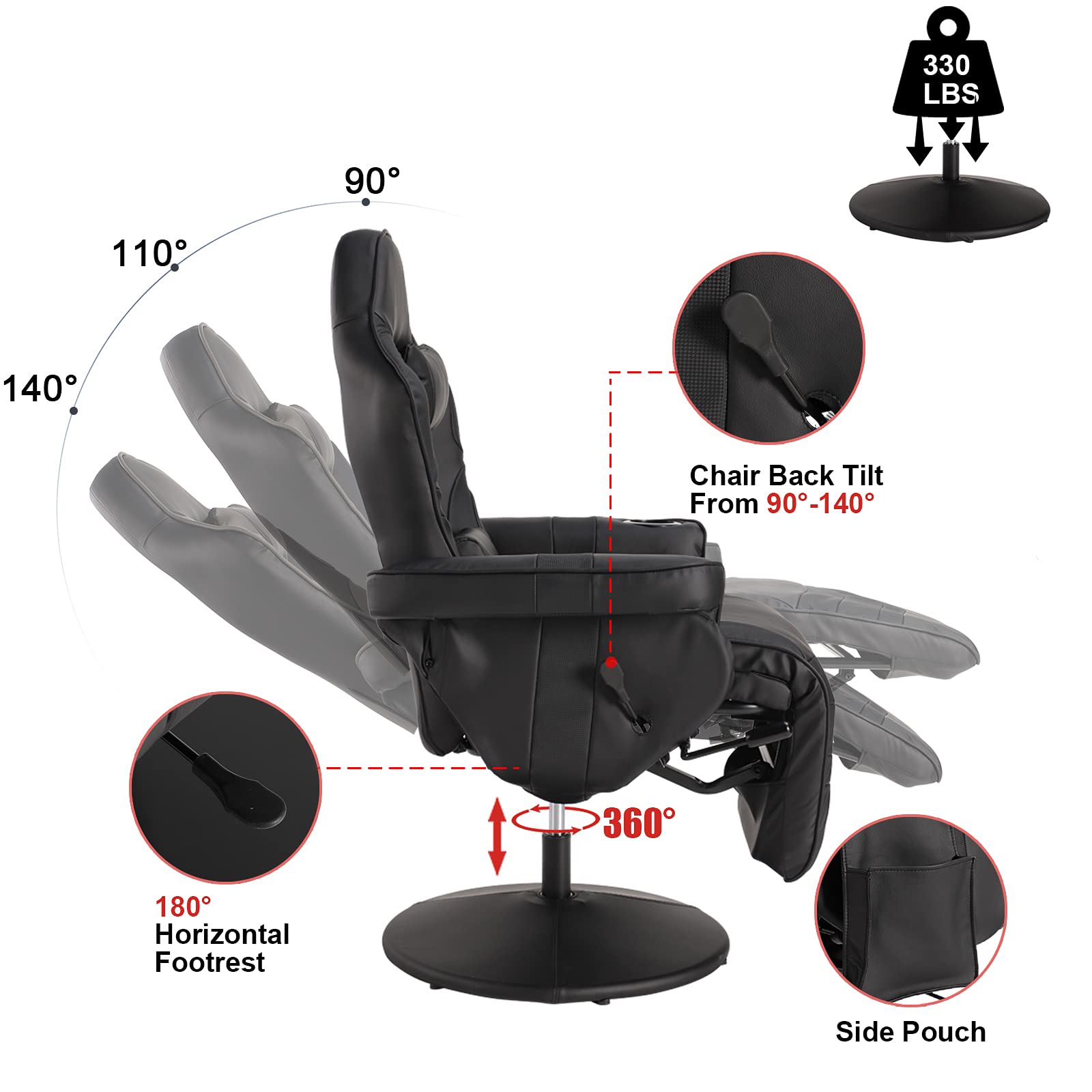 TITIMO Massage Gaming Chair,Ergonomic Adjusted Reclining Video Gaming Single Sofa, Pu Leather Chair with Footrest Headrest and Lumbar Support (Black)