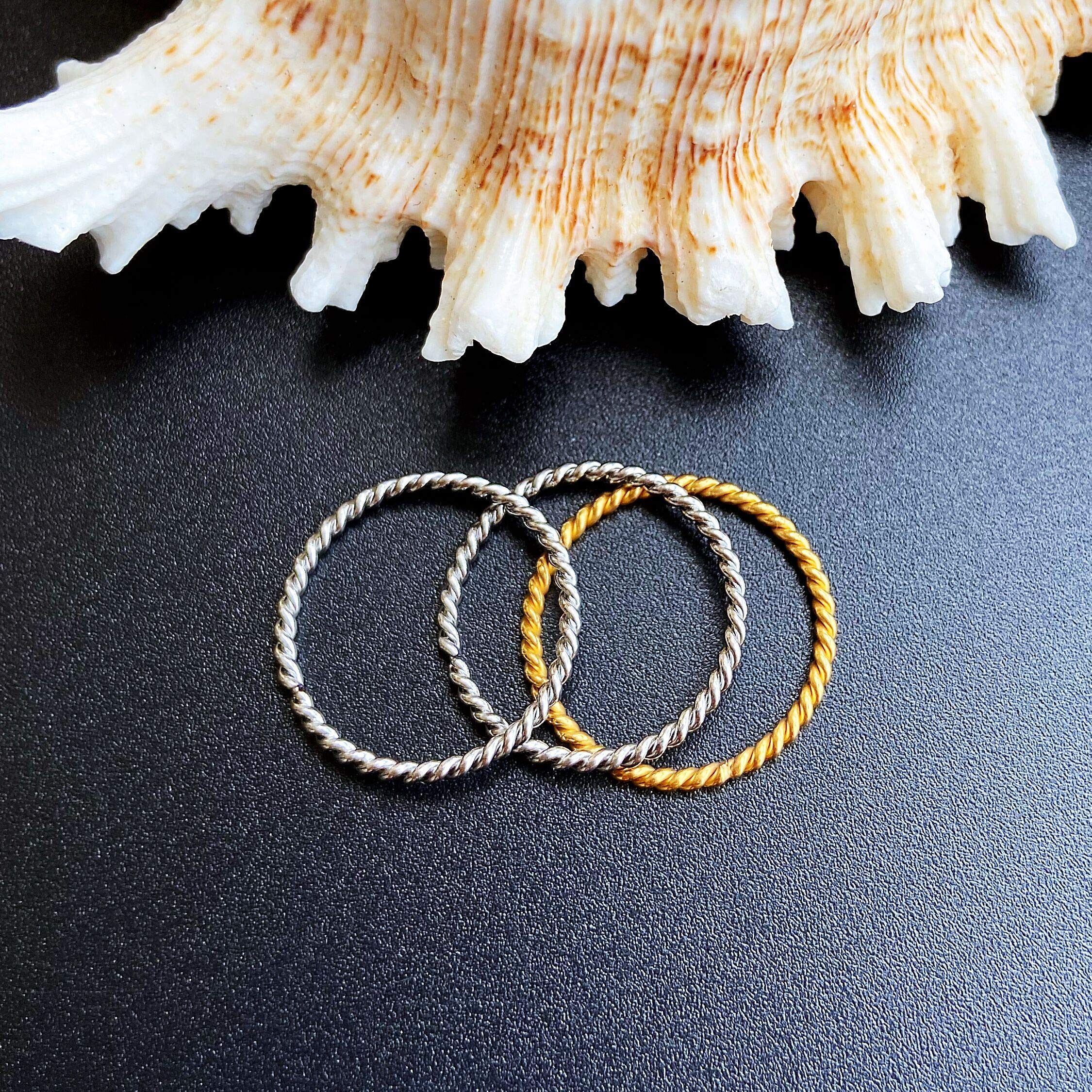 ailov 1.3mm Thin Twisted Rope Ring Stackable set of 3 Skinny Braided Shrimp Textured Stacking Ring Gold-plated (Gold, 8)