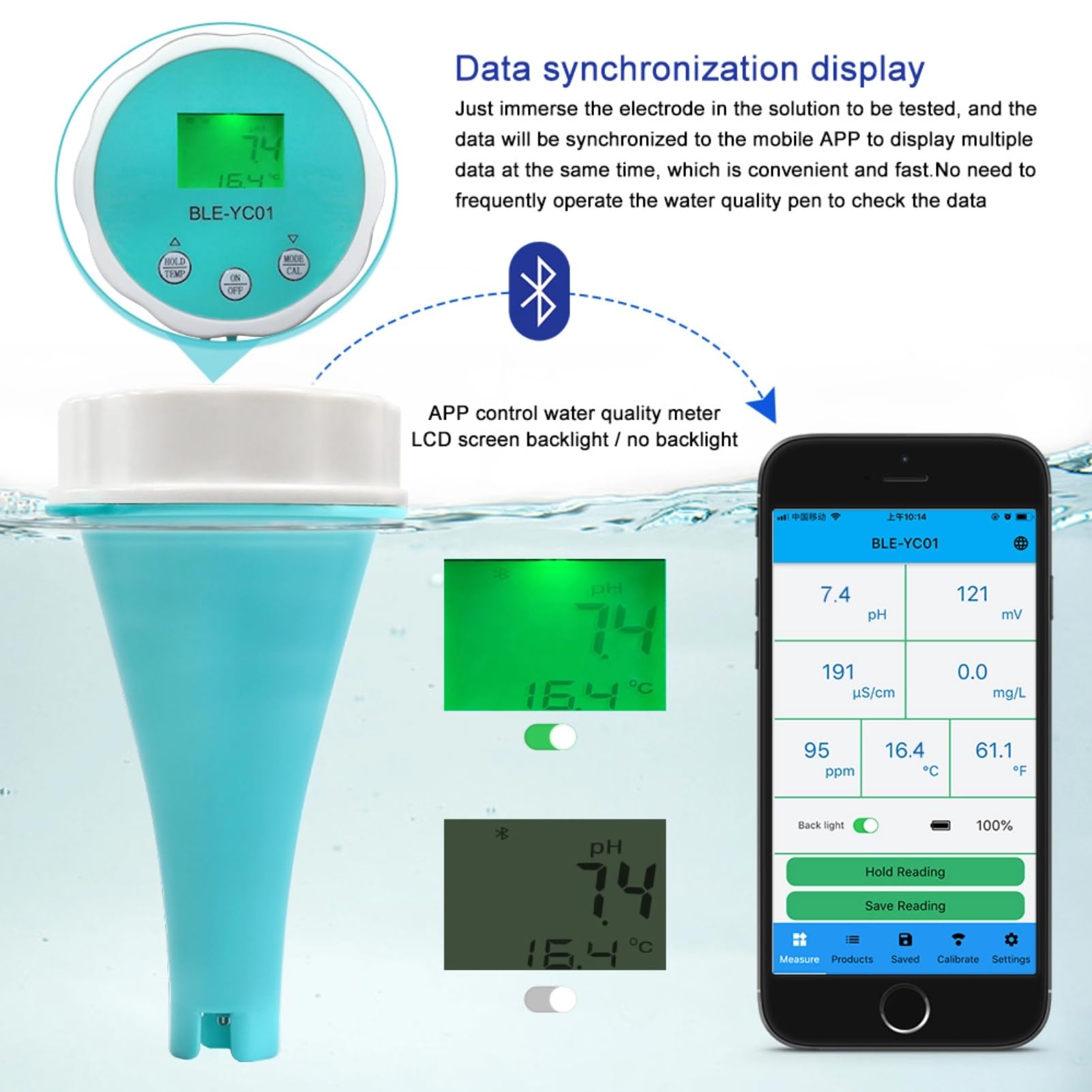 BLE YC01 Pool Monitor EC ORP CL e Temperature 6 in 1 Detector Water Quality Tester