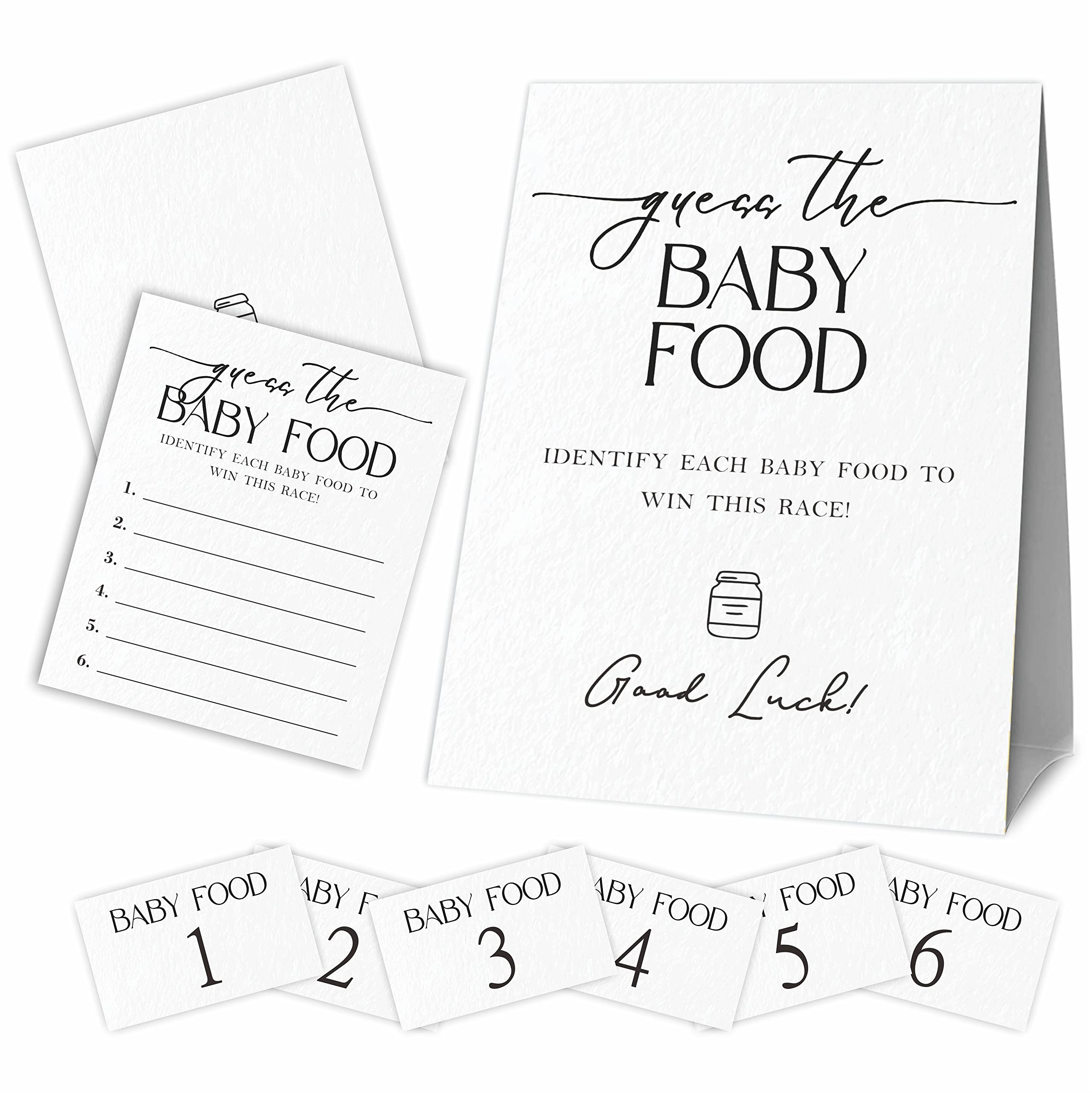 Baby Shower Game Set - Guess The Baby Food - Minimalism Classic (1 Standing Sign + 6 Number Cards + 20 Answer Cards), Gender Reveal, Baby Announcement - SWLK-A10