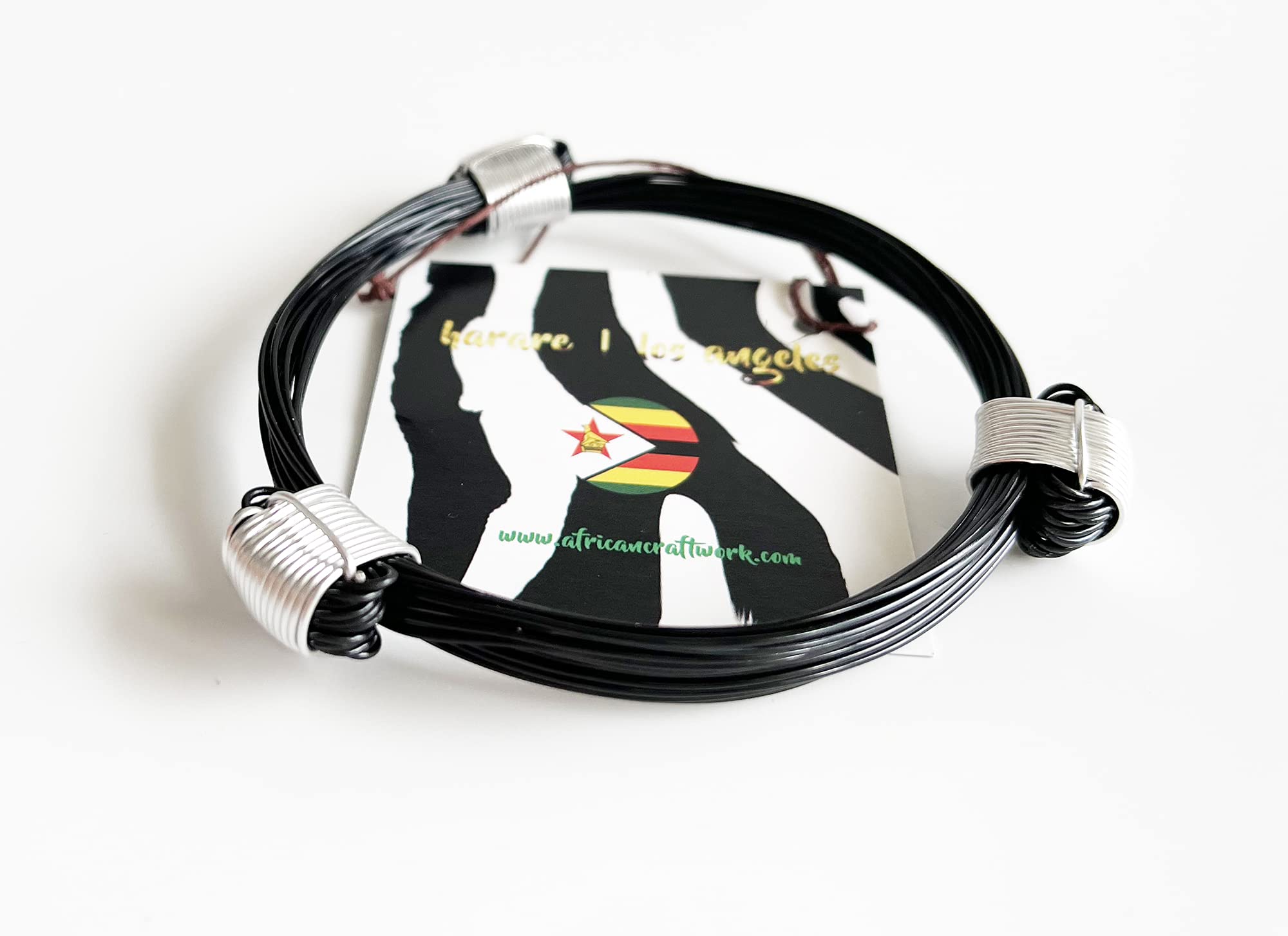 africancraftwork African Elephant Knot Bracelet - 3 Knot SILVER & BLACK Color Metal V1 made in Zimbabwe, 3knotsilvnblkv1