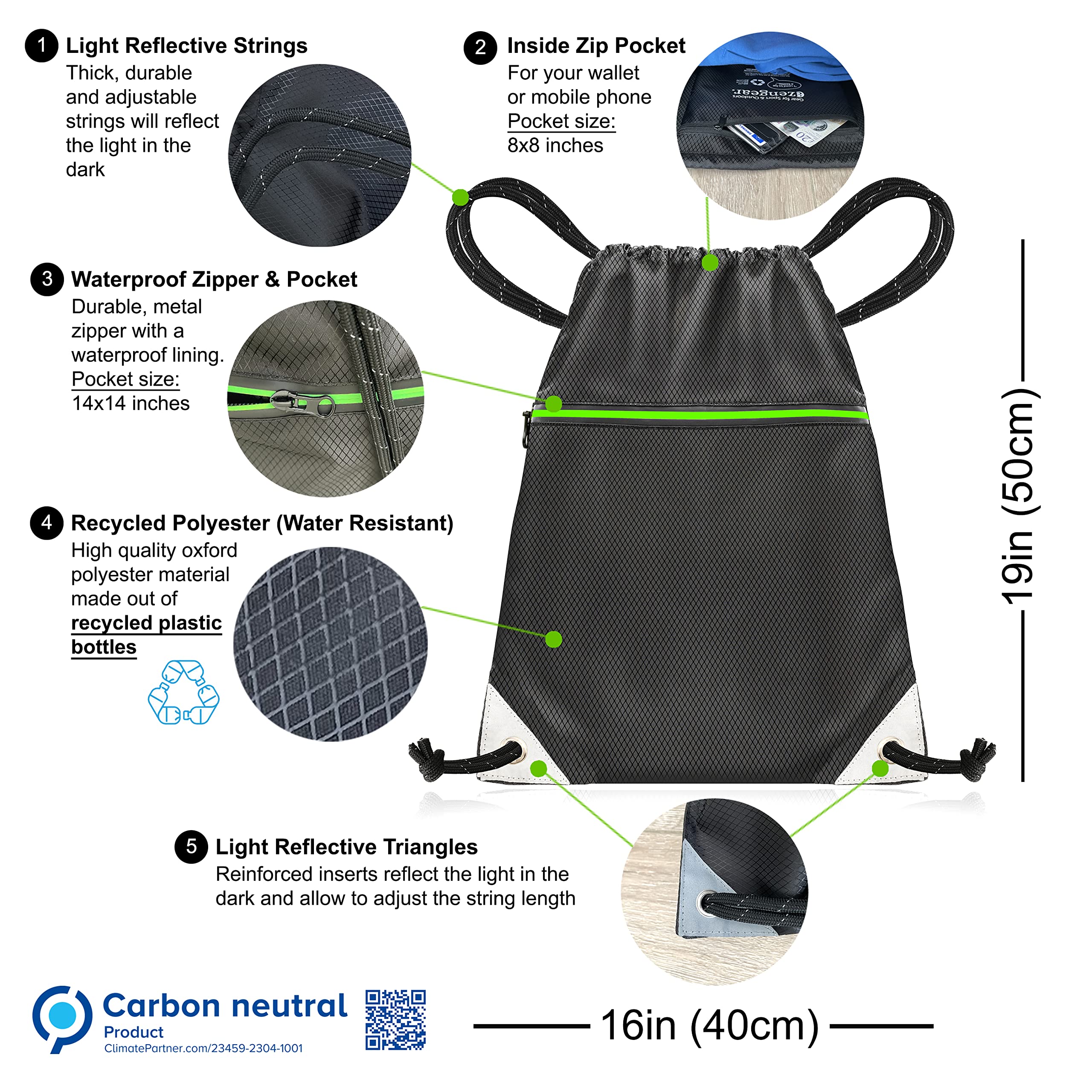 aZengear Drawstring Bag (16x19” / 40x50cm) from Waterproof Recycled Polyester for Gym, PE, Sport, Swimming | Light Reflective Zip Pockets and String (Black)