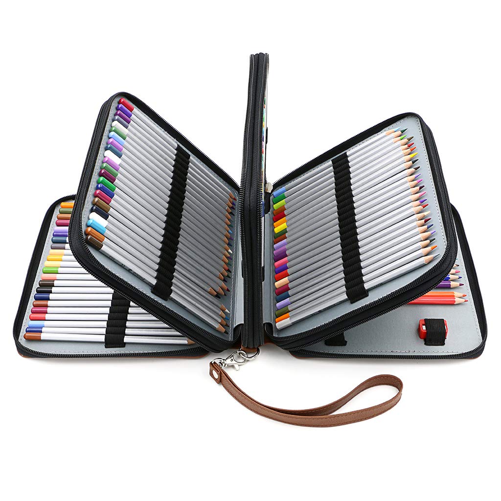 BTSKY®Colored Pencil Case Holder- Big Capacity Deluxe PU Leather Storage Pencil Organizer Holds 160 Pencils with Handle Strap for School College Office Watercolor Pencils Organization(Brown)