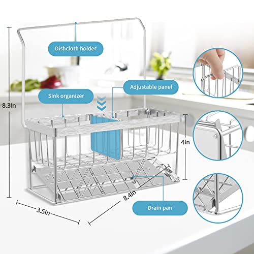 DMJWAN Kitchen Sink Caddy Organizer, 304 Stainless Steel Sponge Holder Sink Caddy for Dish Rags Brush Soap Scrubber with Auto Drain Tray
