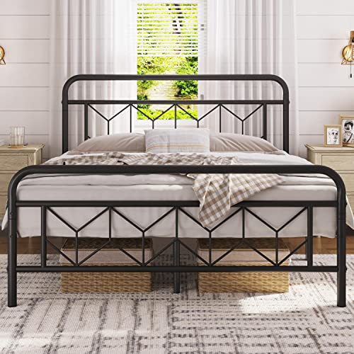 Topeakmart Queen Size Vintage Metal Bed Frame with Headboard/Mattress Foundation/No Box Spring Needed/Under Bed Storage/Strong Slat Support Black