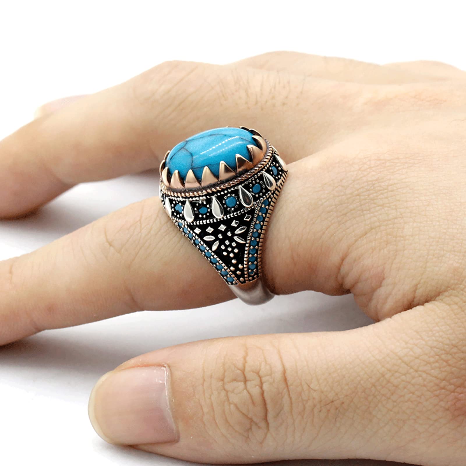 AROTOROM Turquoise Stone 925 sterling silver ring with Oval Sky Blue Stone Ring Life Track Significance Turkish Handmade Jewelry (Size 10)