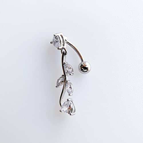 Arardo Sterling Silver Top Down Reverse Belly Button Rings, Real 925 Sterling Silver Belly Rings, 14G Reverse Belly Button Ring, Sterling Silver Navel Piercing Rings, Dangle Leaves, 10mm, SS50-1